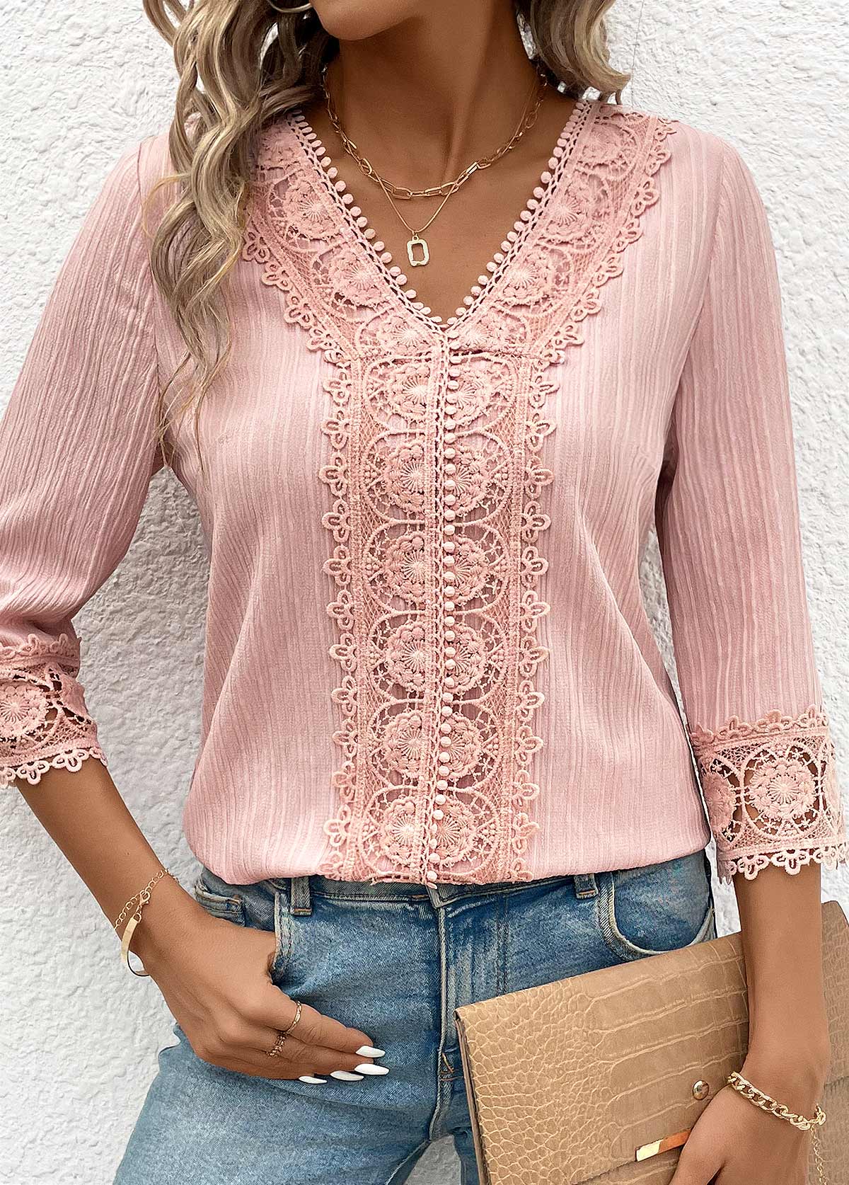 Lace Light Pink 3/4 Sleeve V Neck Blouse | Rosewe.com - USD $32.98