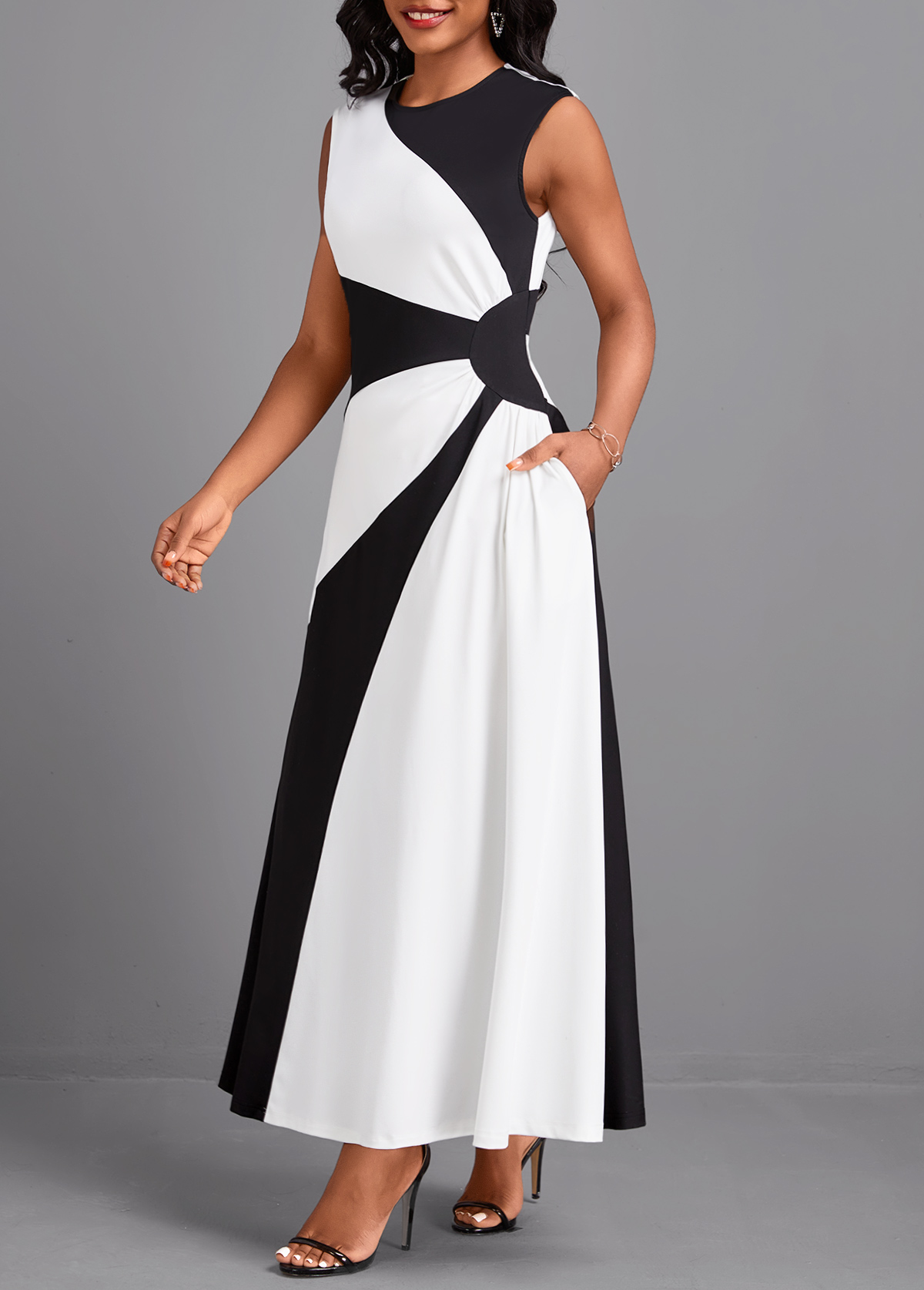 Patchwork Black Maxi Sleeveless Round Neck Dress | Rosewe.com - USD $43.98