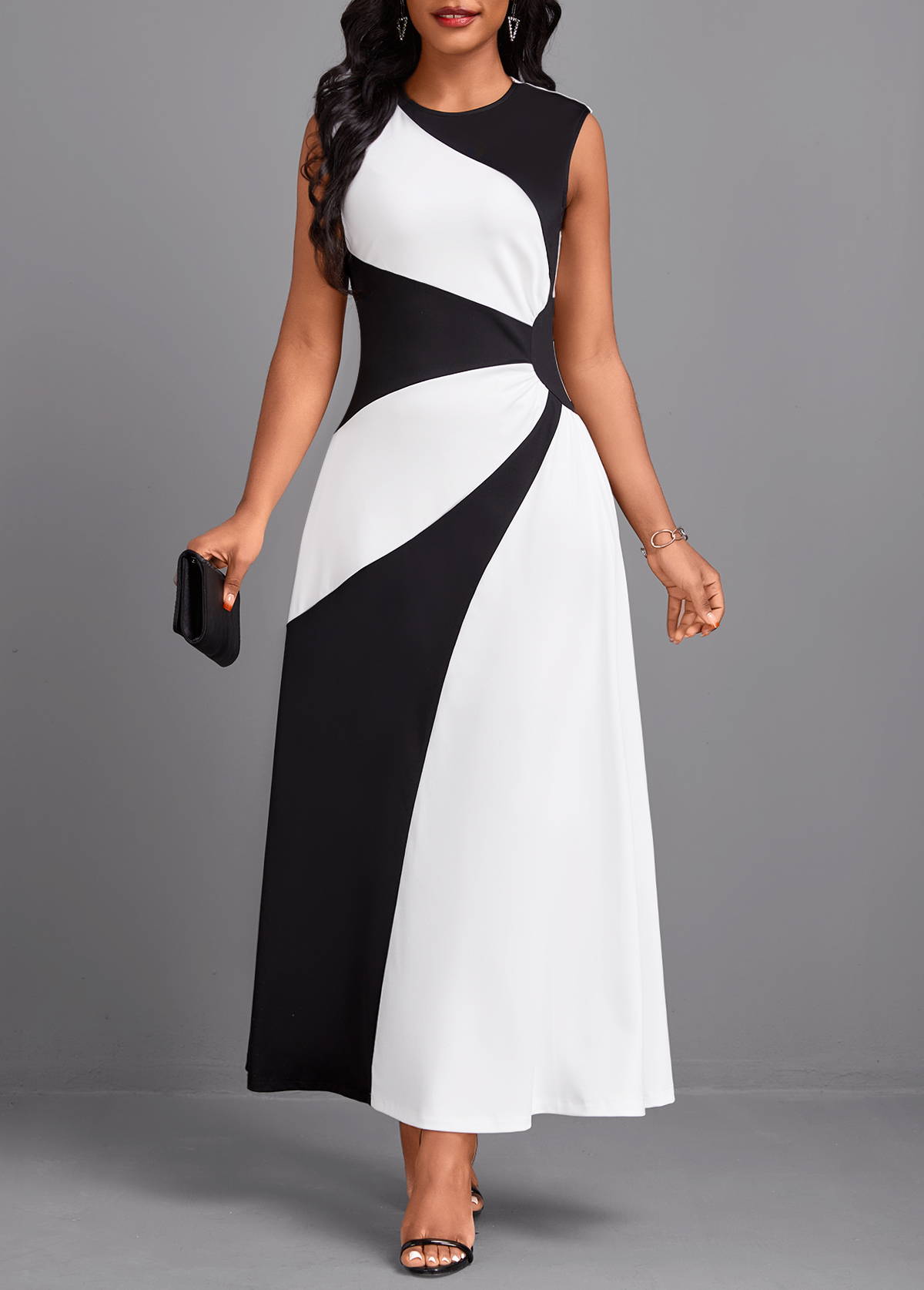 Patchwork Black Maxi Sleeveless Round Neck Dress | Rosewe.com - USD $43.98