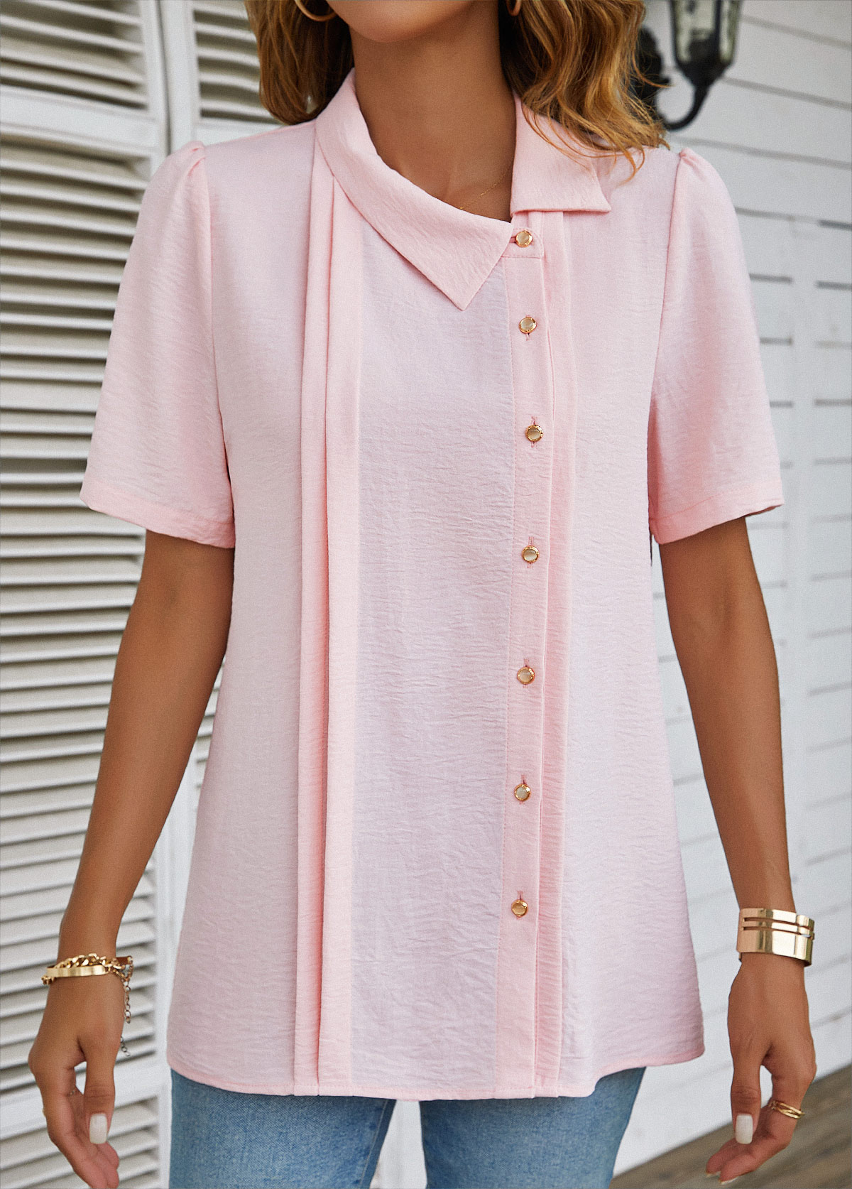 Button Light Pink Short Sleeve Asymmetrical Neck Blouse | Rosewe.com ...