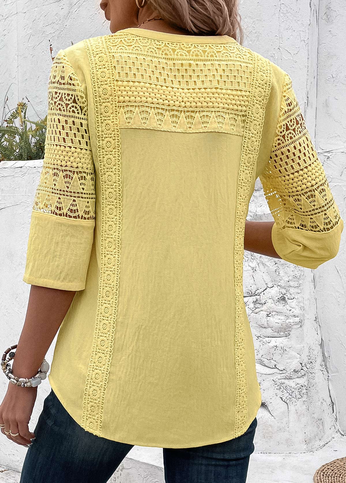 Plus Size Light Yellow Patchwork 3/4 Sleeve Blouse | Rosewe.com - USD ...