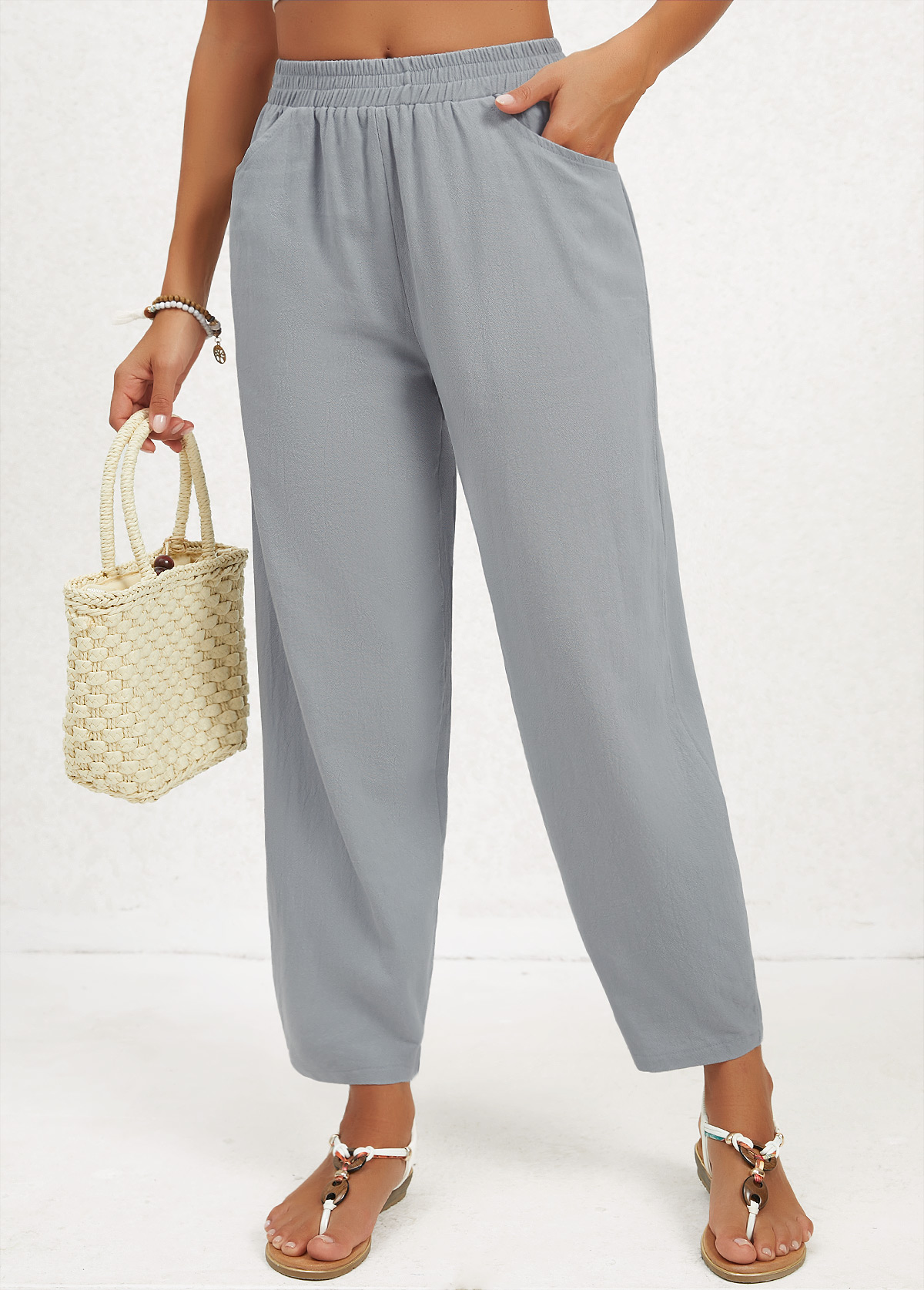 Pocket Grey Regular Elastic Waist High Waisted Pants | Rosewe.com - USD ...