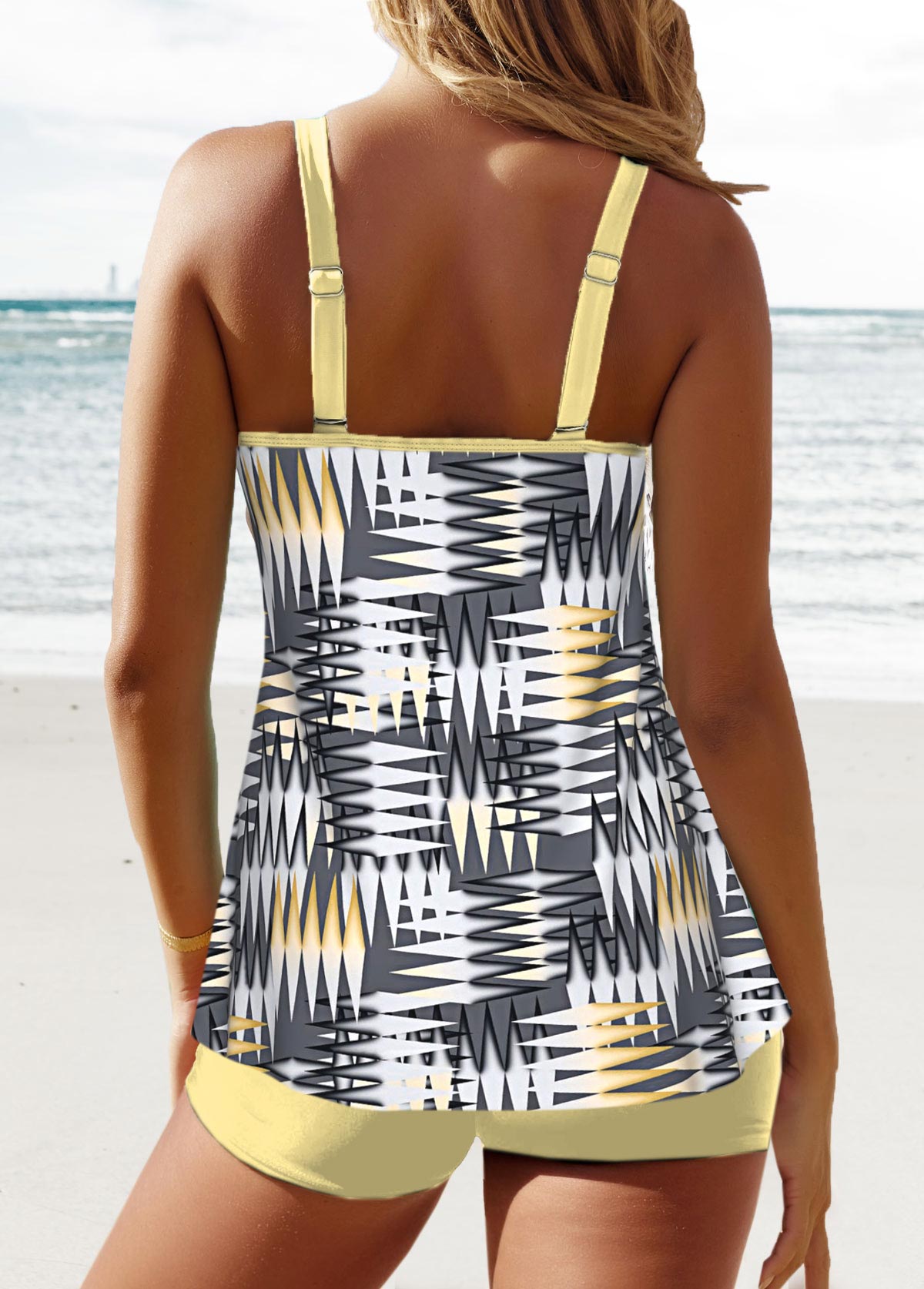 Mid Waisted Geometric Print Patchwork Light Yellow Tankini Set | Rosewe ...