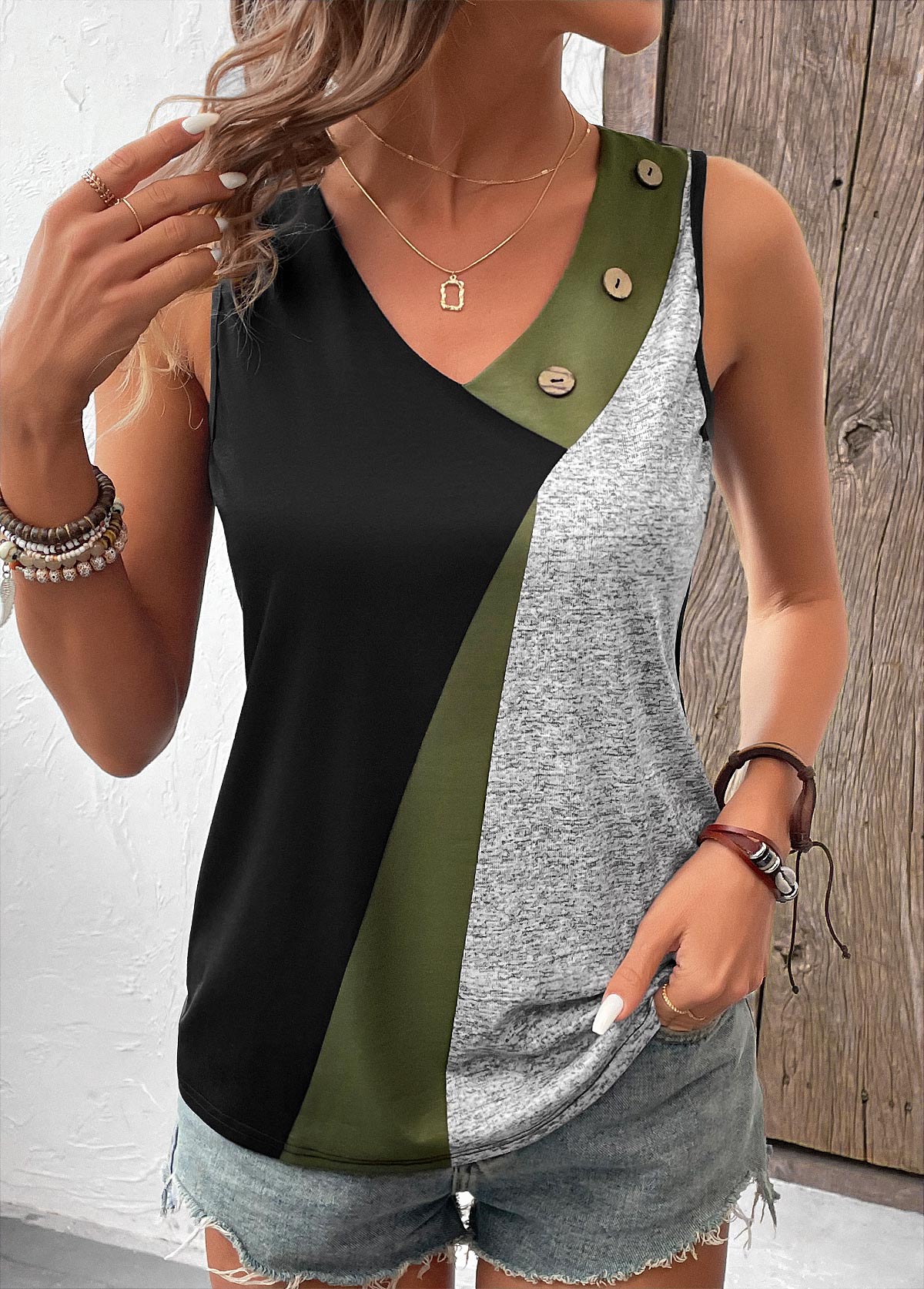 Geometric Print Button Black Sleeveless V Neck Tank Top | Rosewe.com ...