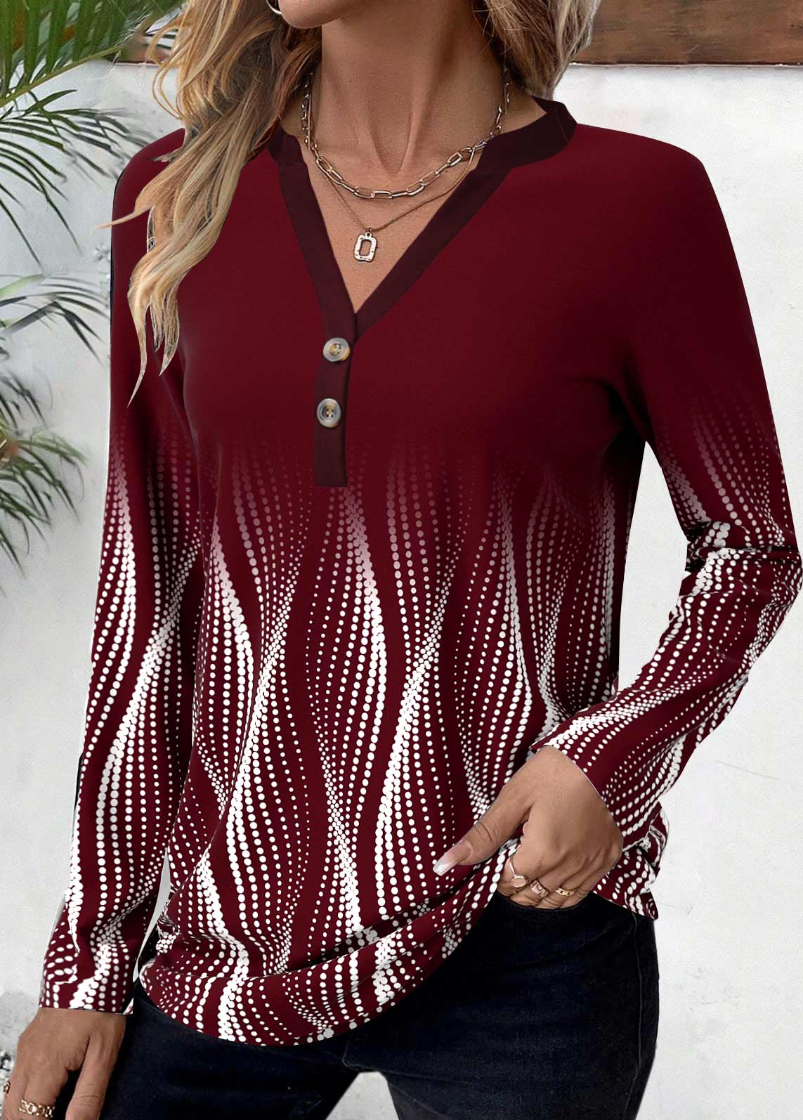 Ombre Button Deep Red Long Sleeve T Shirt | Rosewe.com - USD $34.98