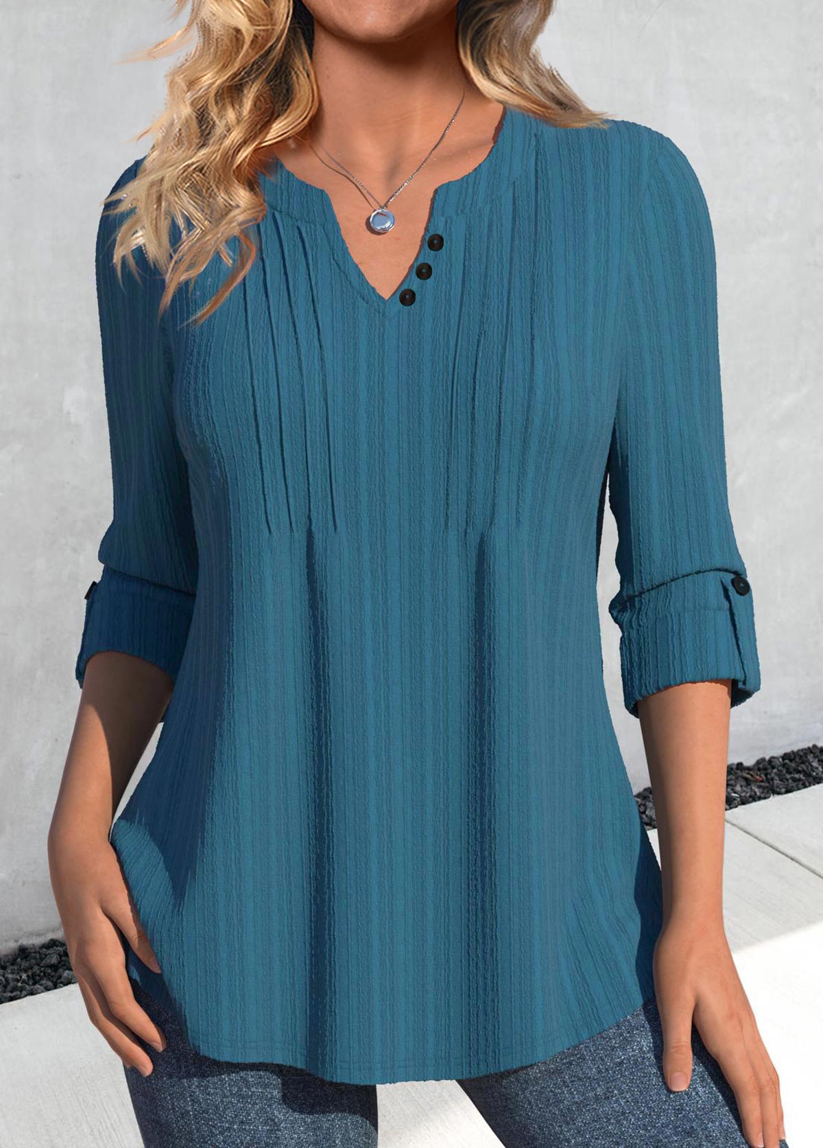 Tuck Stitch Peacock Blue Long Sleeve Split Neck Blouse | Rosewe.com ...