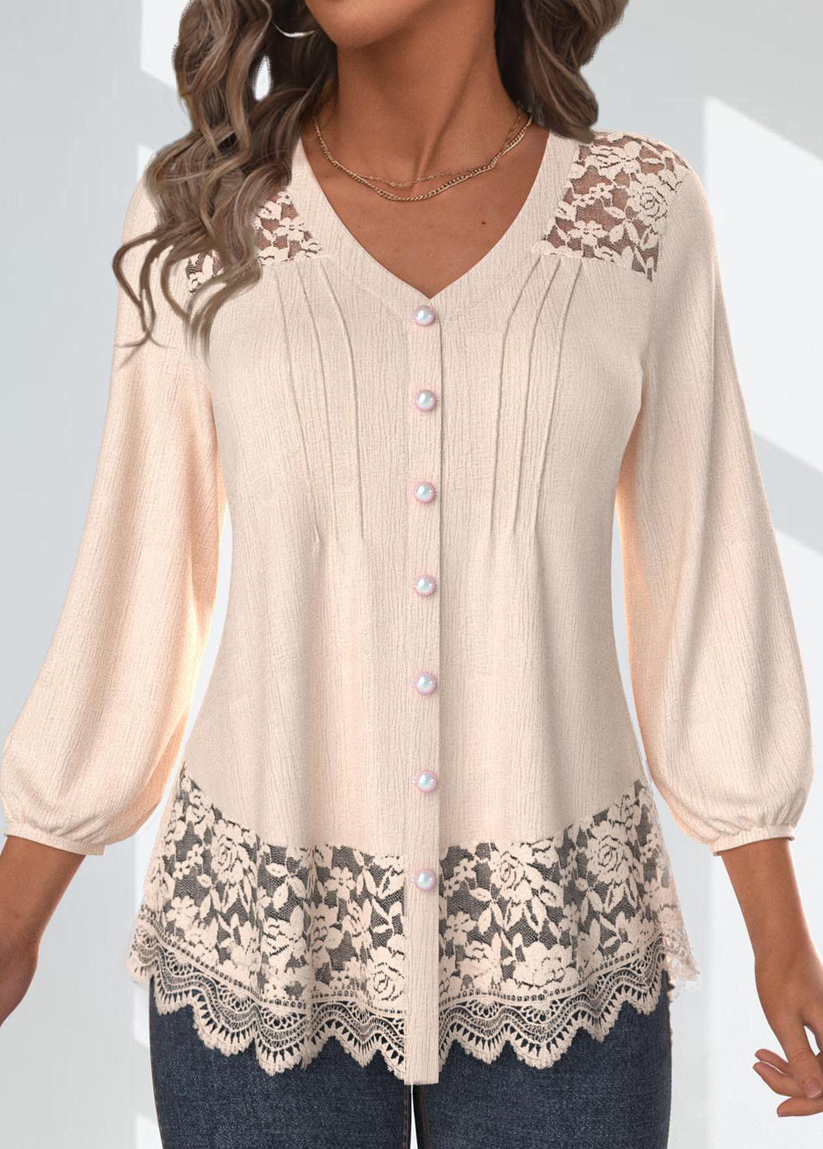 Lace Skin Color 3/4 Sleeve V Neck Blouse | Rosewe.com - USD $36.98