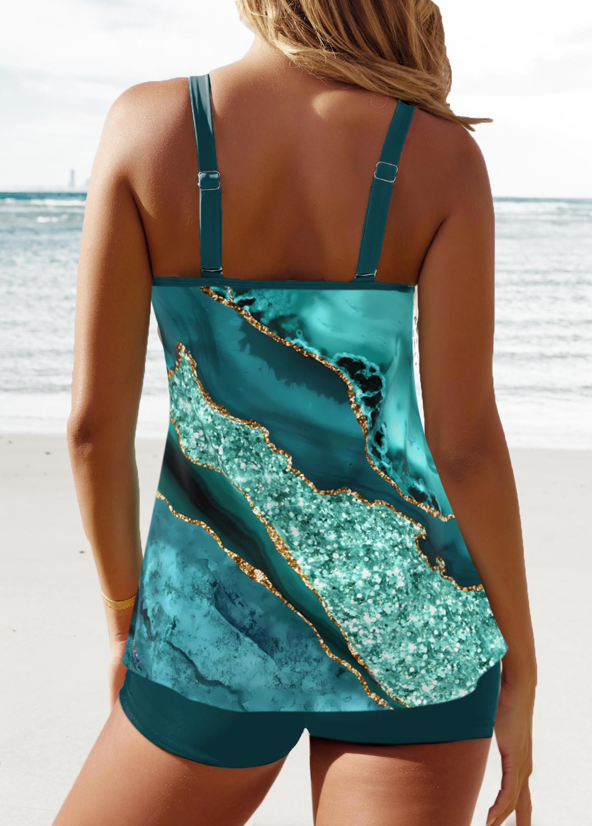 Marble Print Circular Ring Turquoise Tankini Set | Rosewe.com - USD $33.98