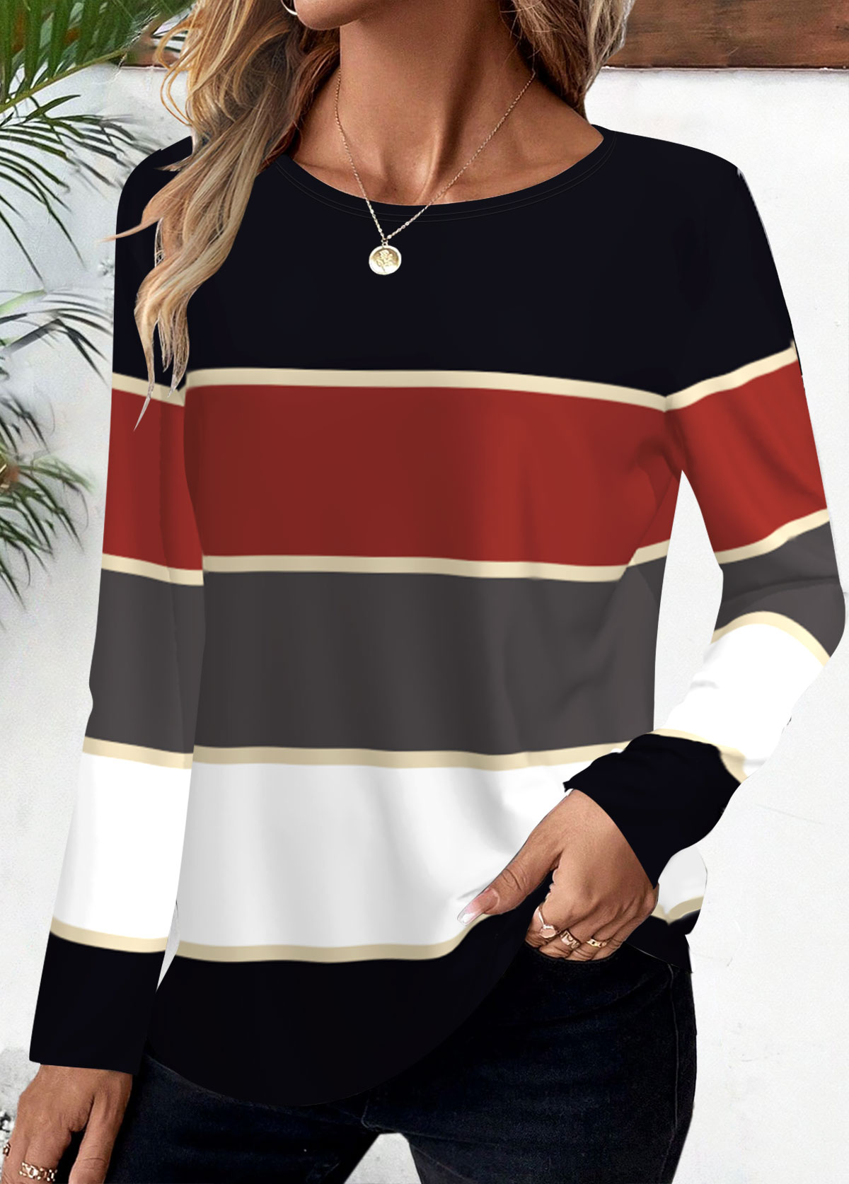 Striped Deep Red Long Sleeve Round Neck T Shirt | Rosewe.com - USD $32.98