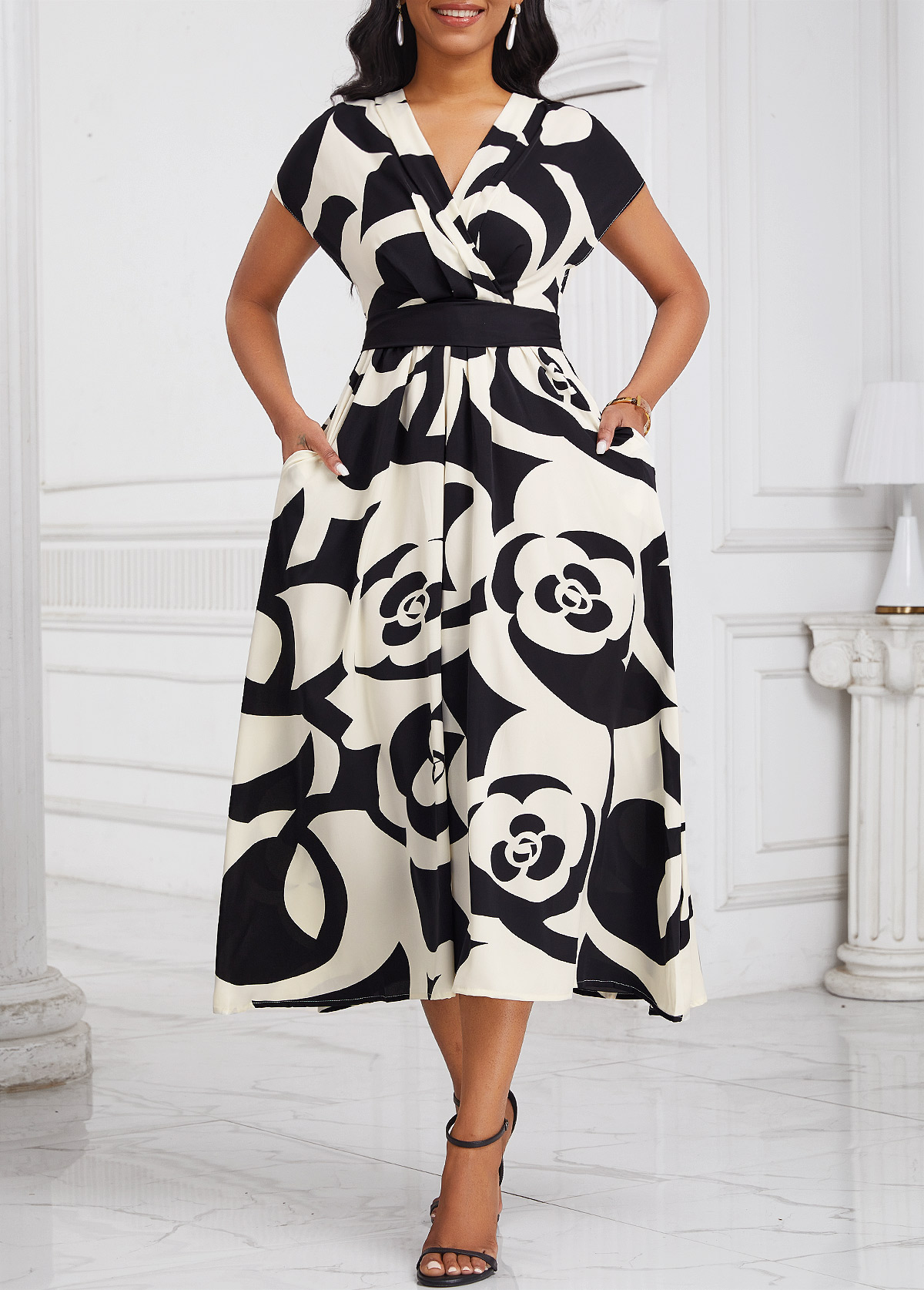 Random Floral Print Smocked Black Short Sleeve Dress | Rosewe.com - USD ...