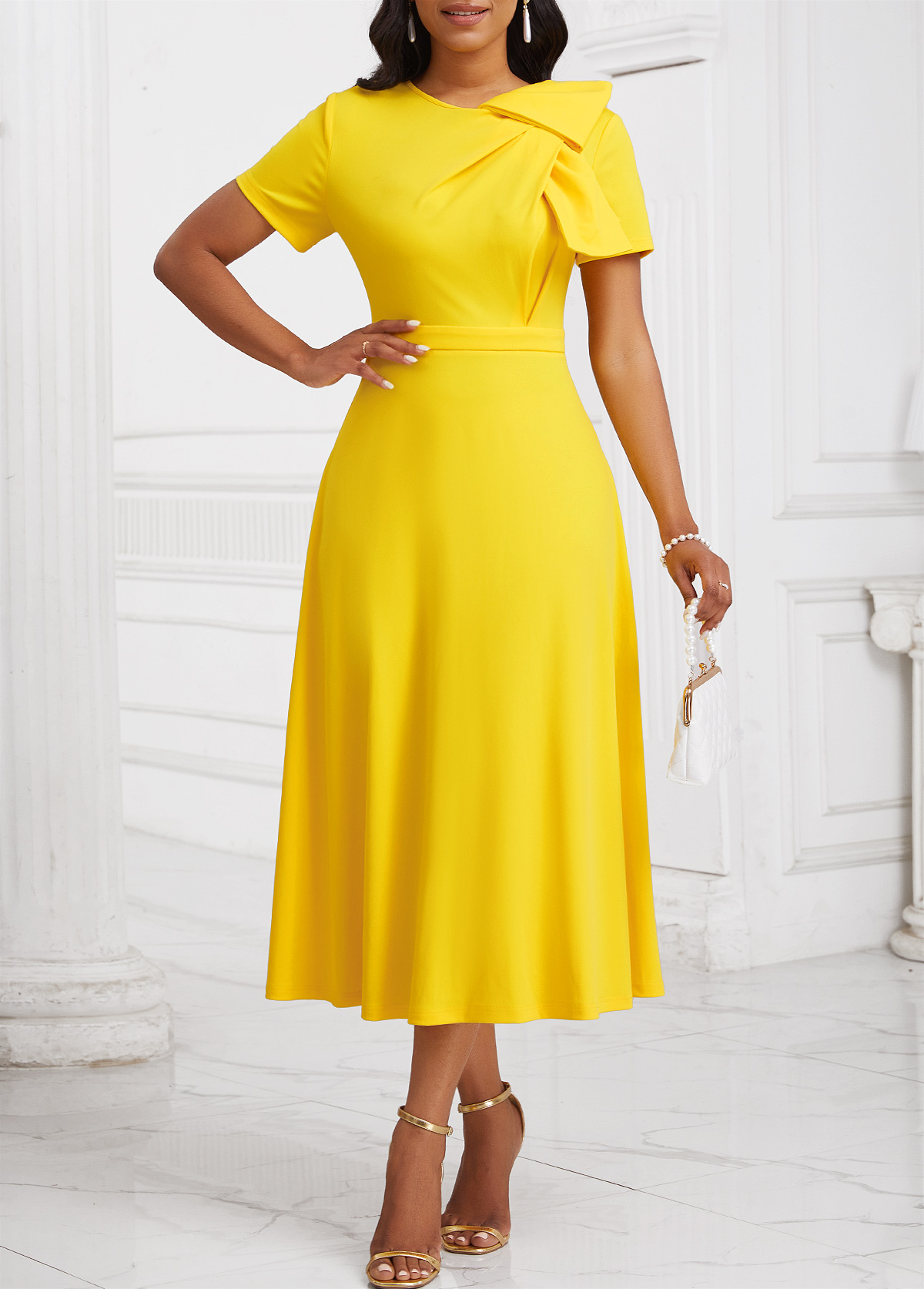 Zipper Yellow Short Sleeve Asymmetrical Neck Dress | Rosewe.com - USD ...