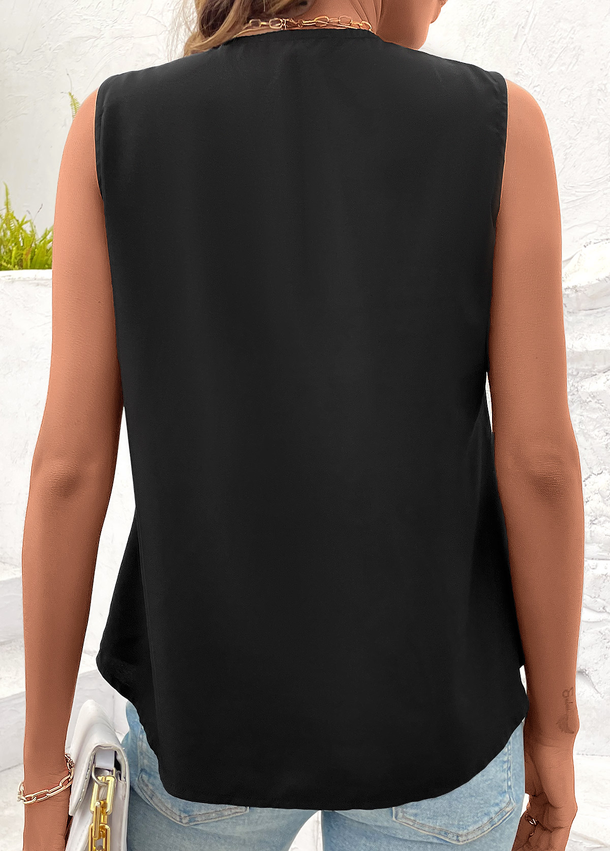 Button Black Sleeveless Turn Down Collar Tank Top | Rosewe.com - USD $23.98