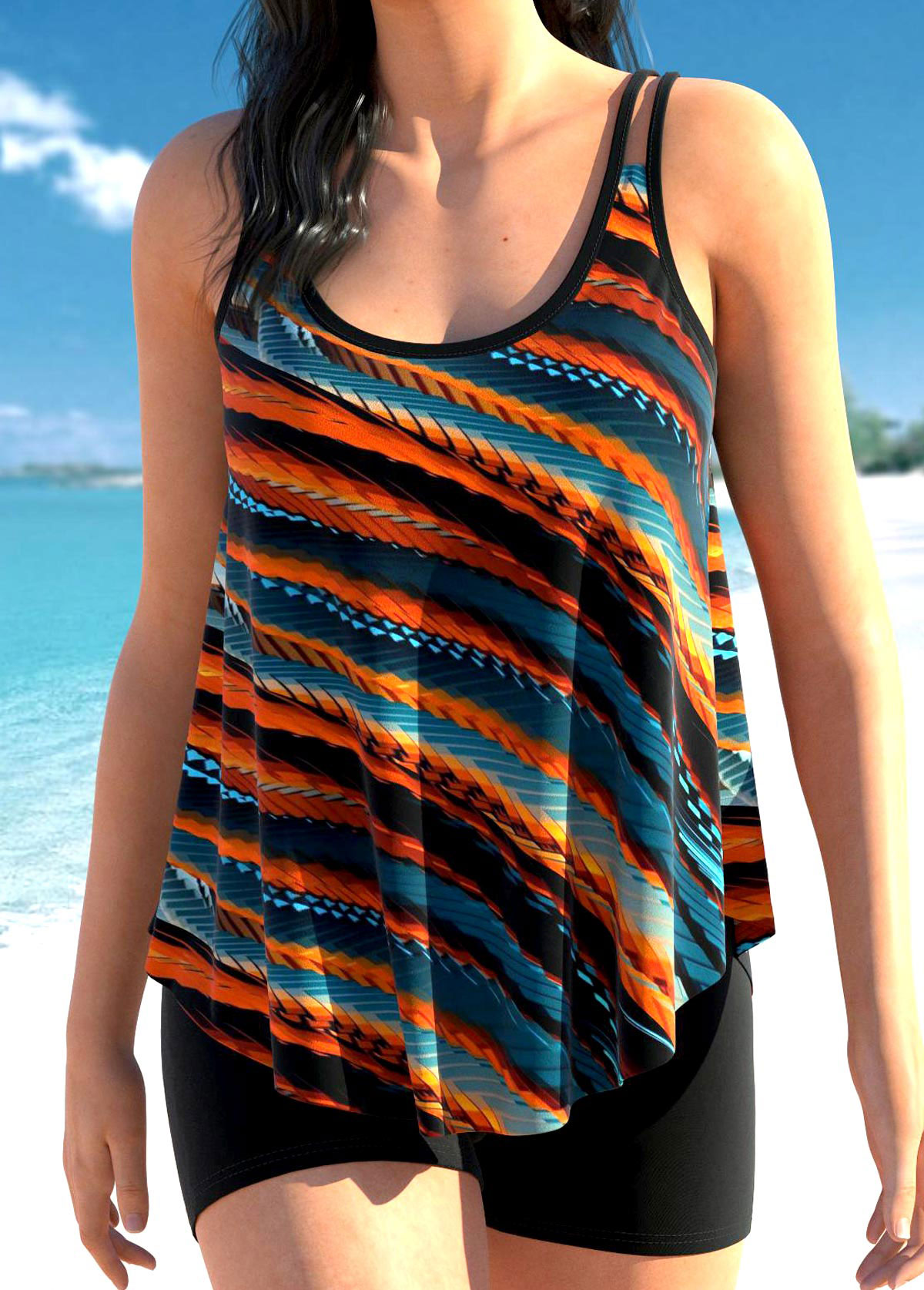 Striped Asymmetry Multi Color Tankini Top | Rosewe.com - USD $27.98
