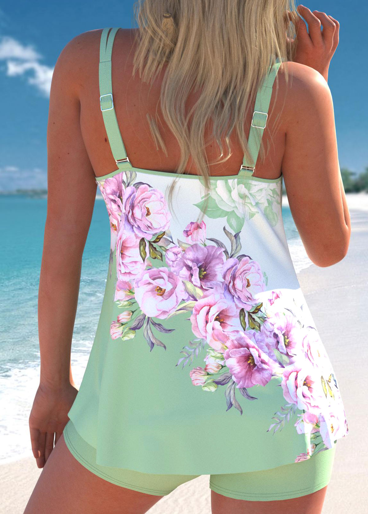 Floral Print Lightweight Light Green Tankini Set | Rosewe.com - USD $33.98