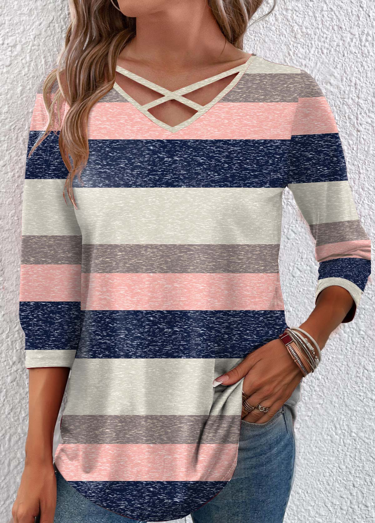 Striped Criss Cross Multi Color 3/4 Sleeve T Shirt | Rosewe.com - USD ...