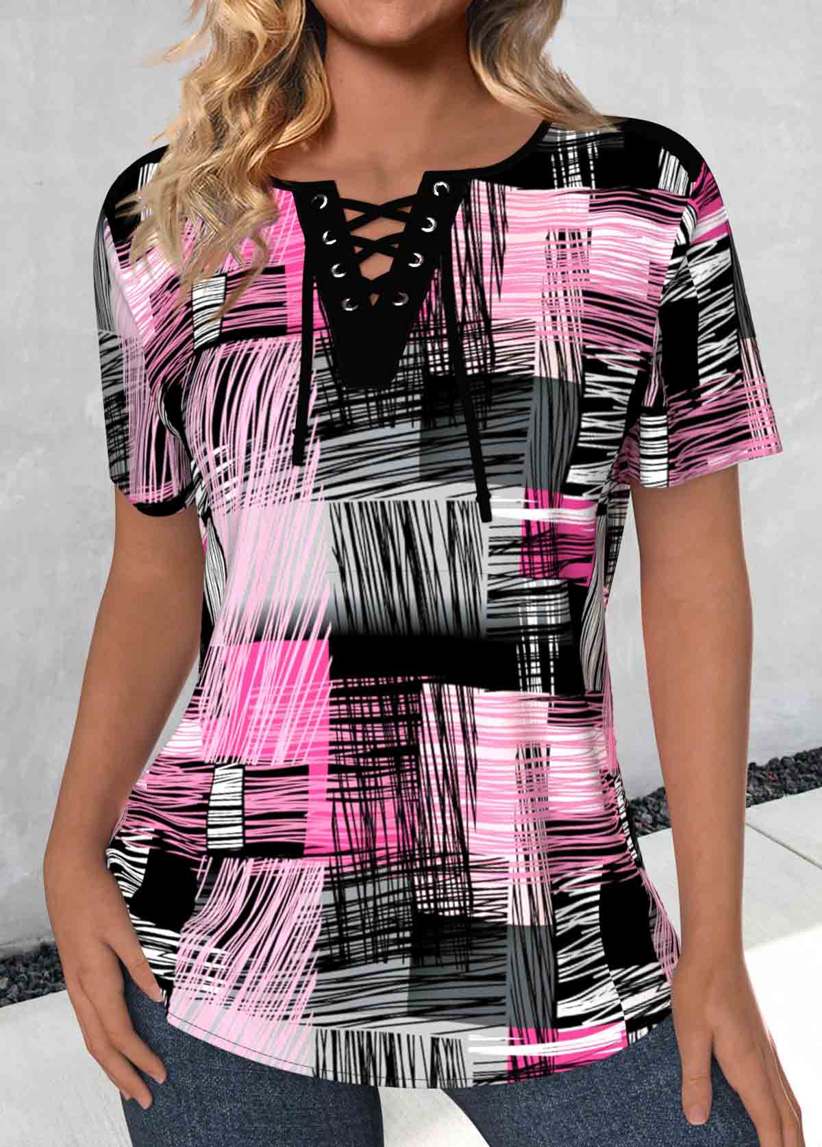 Geometric Print Lace Up Hot Pink T Shirt | Rosewe.com - USD $33.98