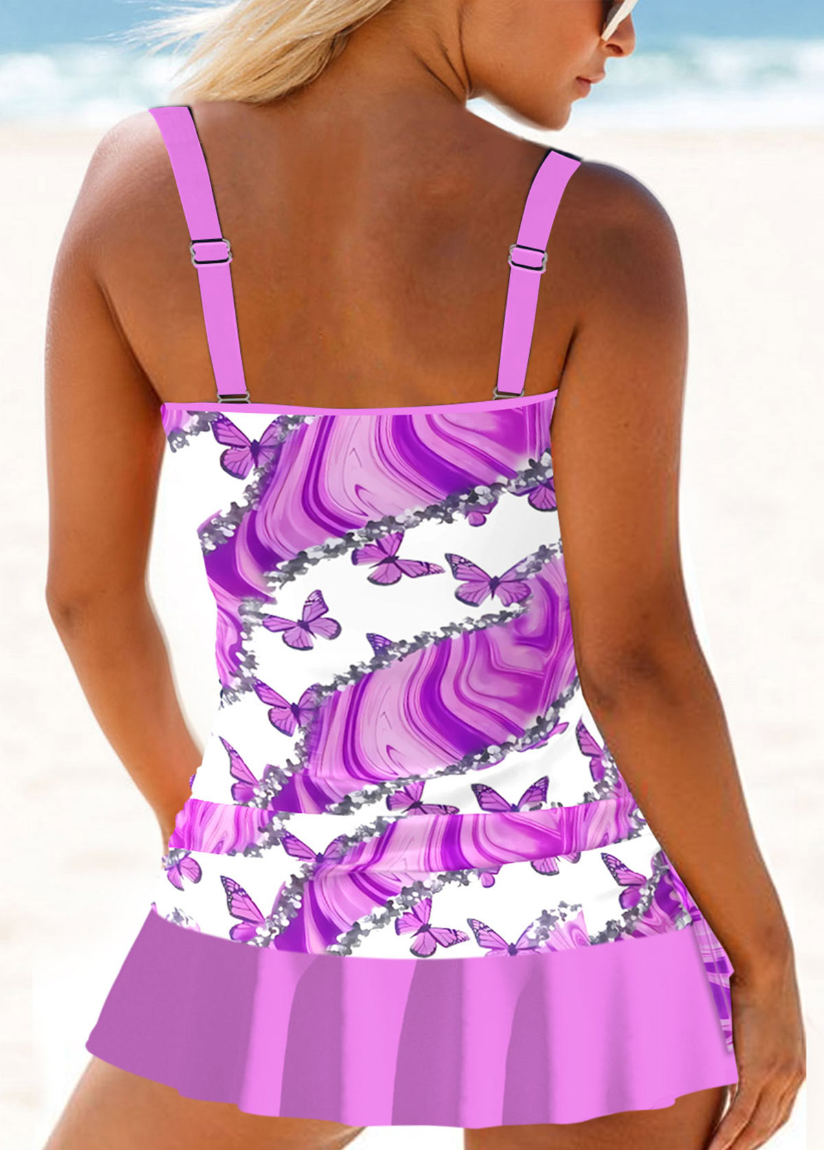 Marble Print Circular Ring Neon Pink Tankini Set | Rosewe.com - USD $36.98