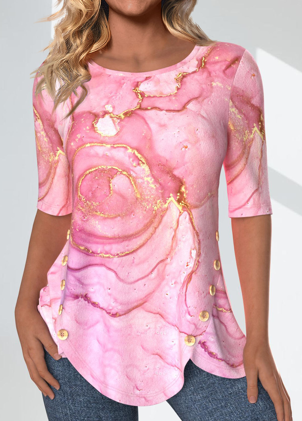 Marble Print Split Pink Half Sleeve T Shirt | Rosewe.com - USD $34.98