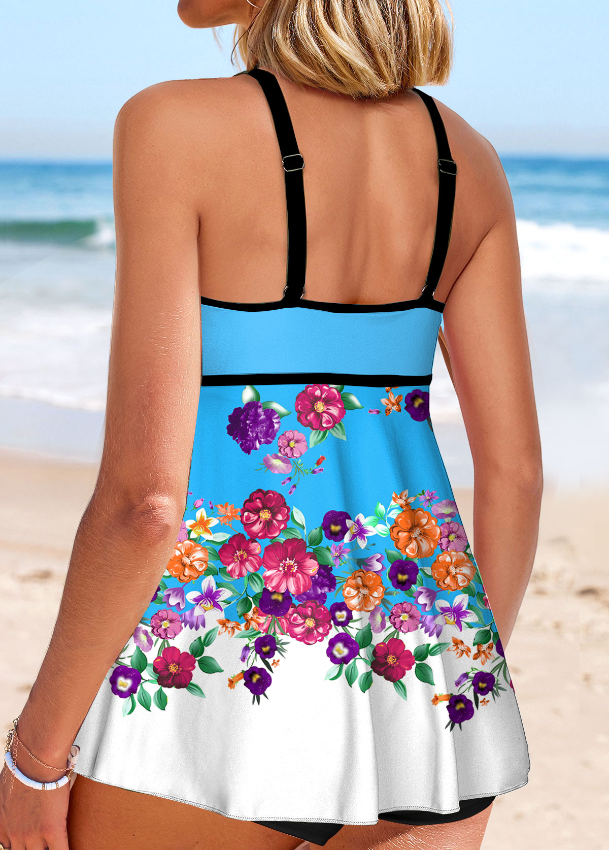 Floral Print Contrast Binding Royal Blue Swimdress and Shorts | Rosewe ...