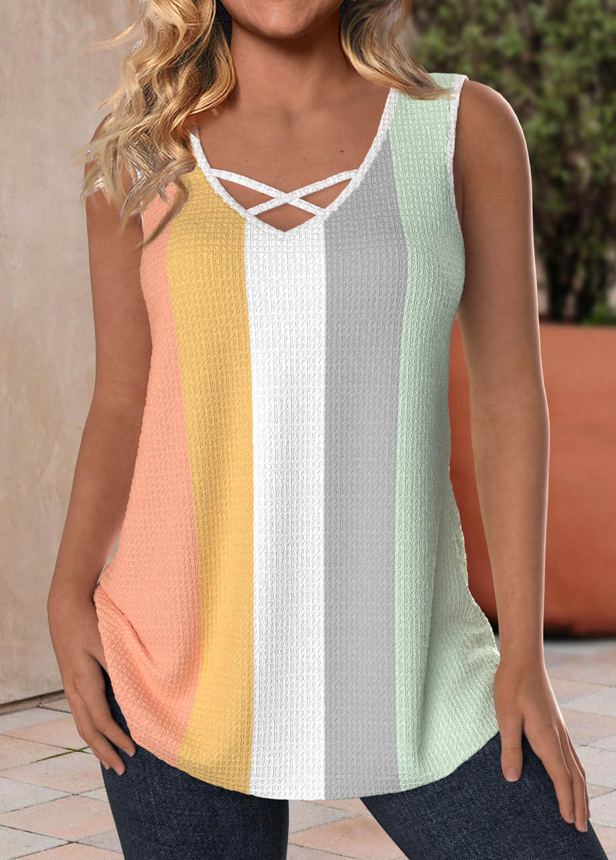 V Neck Criss Cross Multi Color Tank Top | Rosewe.com - USD $33.98