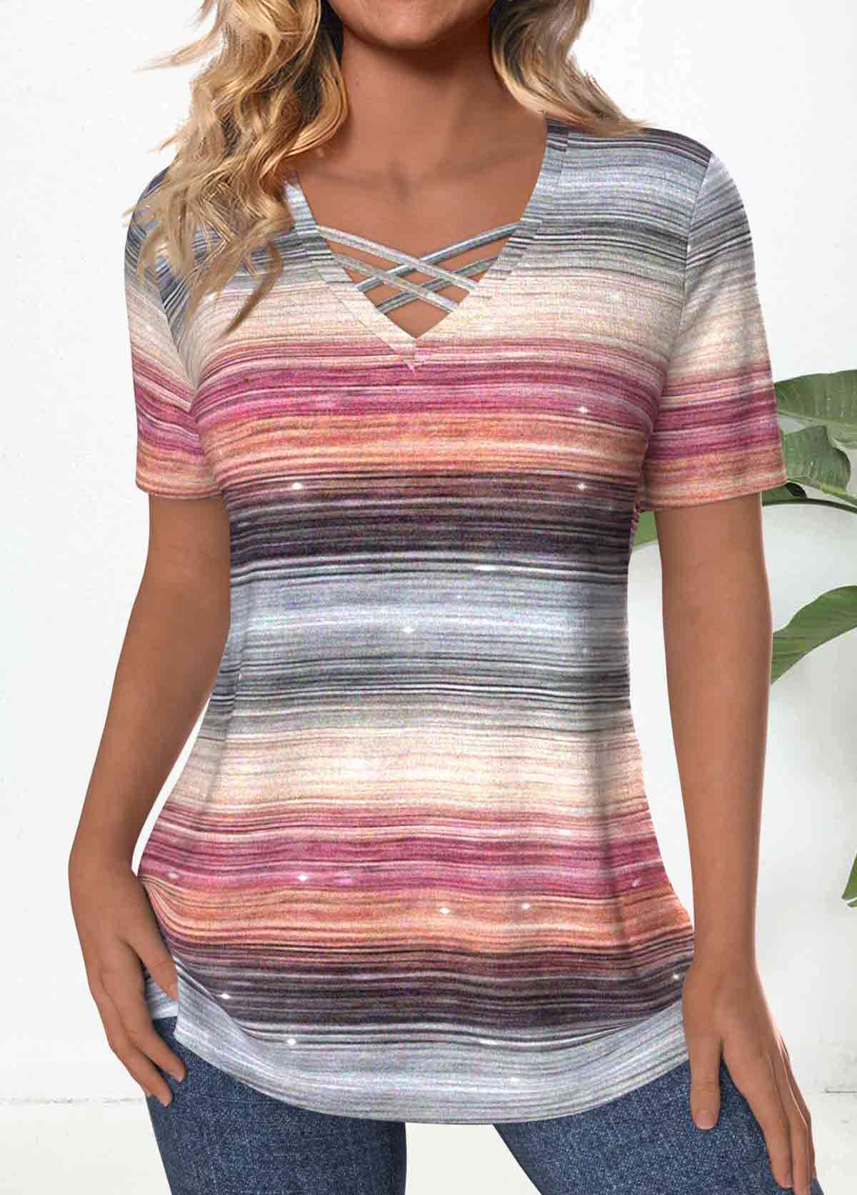 Striped Criss Cross Multi Color Short Sleeve T Shirt | Rosewe.com - USD ...