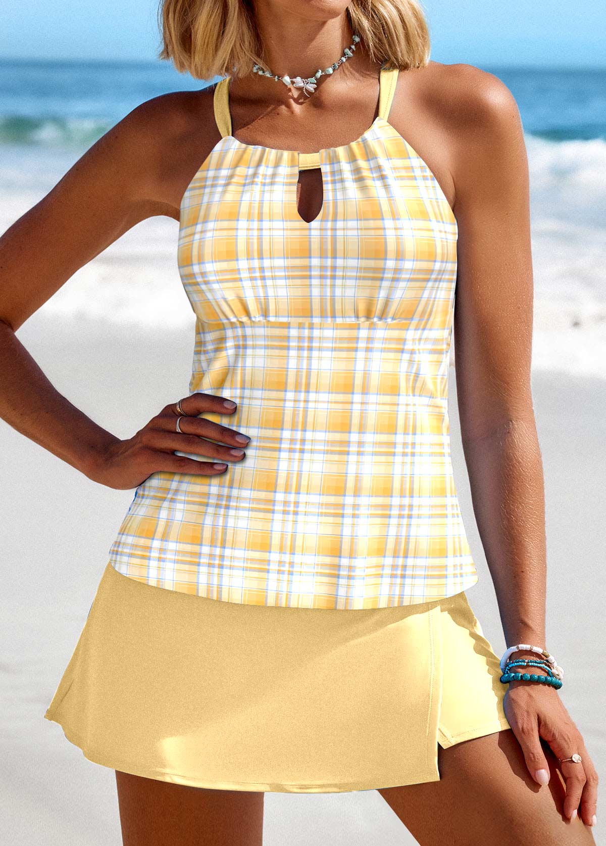 Plaid Cut Out Light Yellow Tankini Set | Rosewe.com - USD $42.98