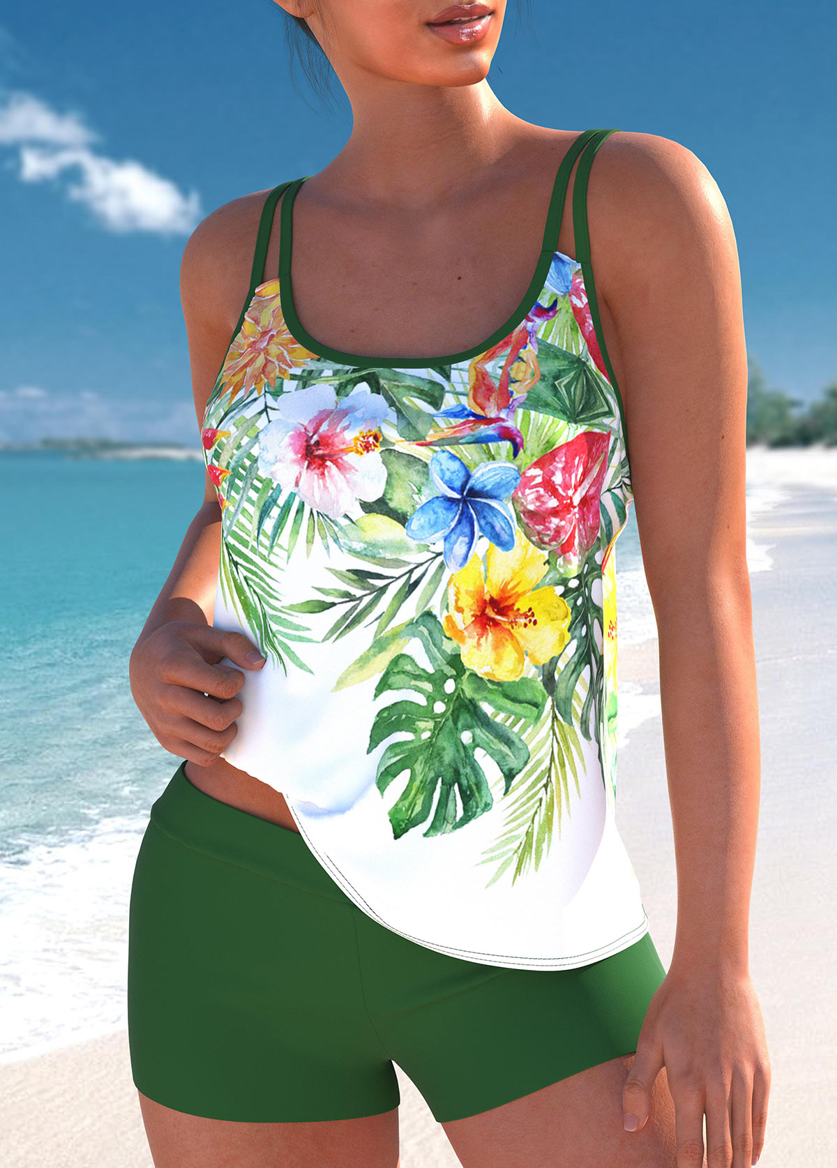 Floral Print Contrast Binding Green Tankini Set | Rosewe.com - USD $32.98