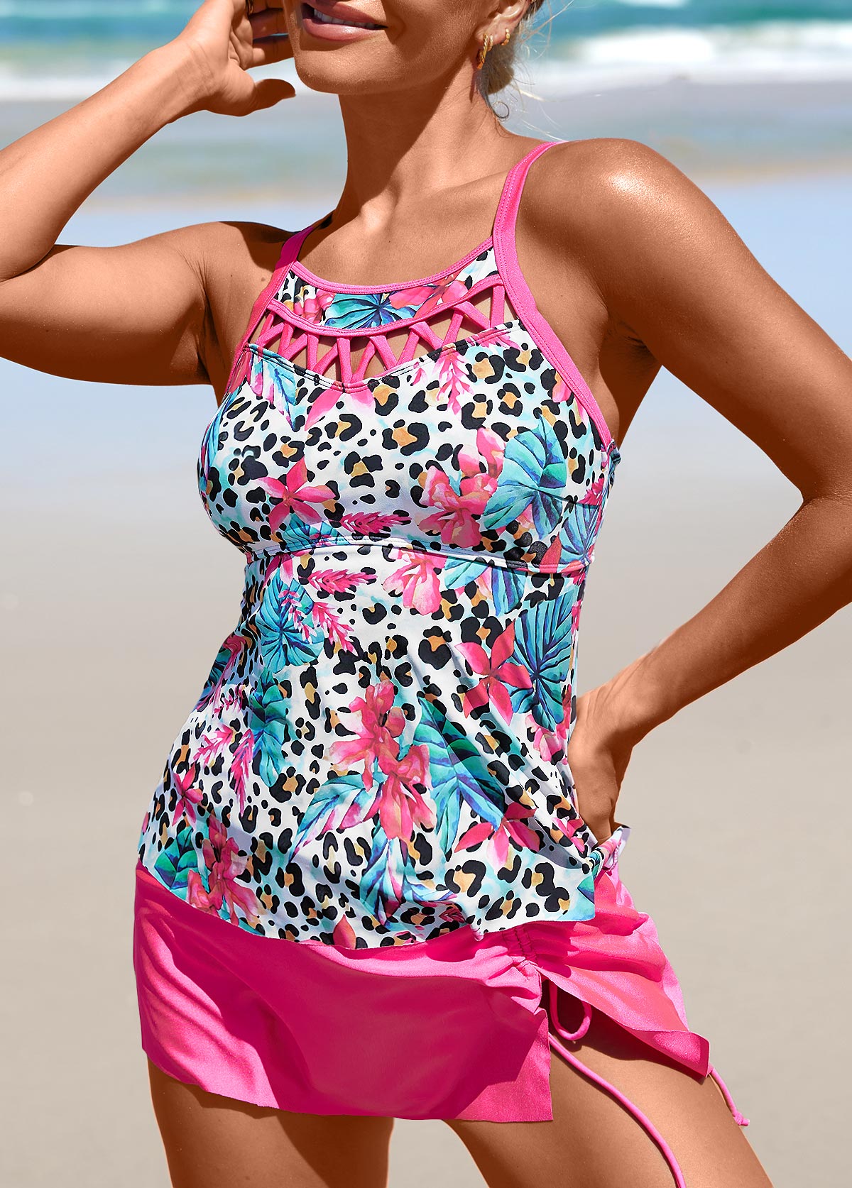 Leopard Cage Neck Neon Rose Red Tankini Set | Rosewe.com - USD $35.98