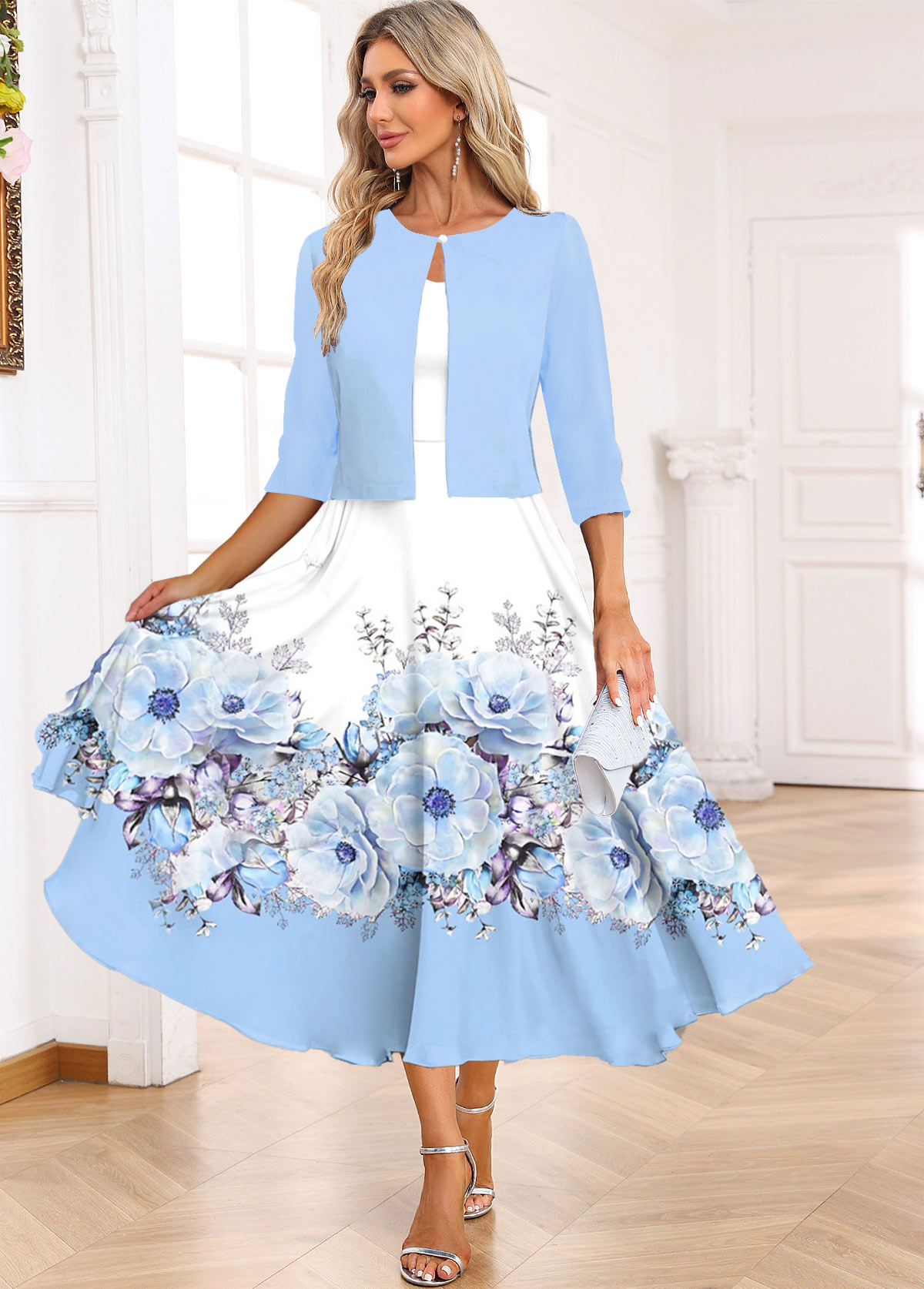 Floral Print Two Piece Light Blue Dress and Cardigan | Rosewe.com - USD ...