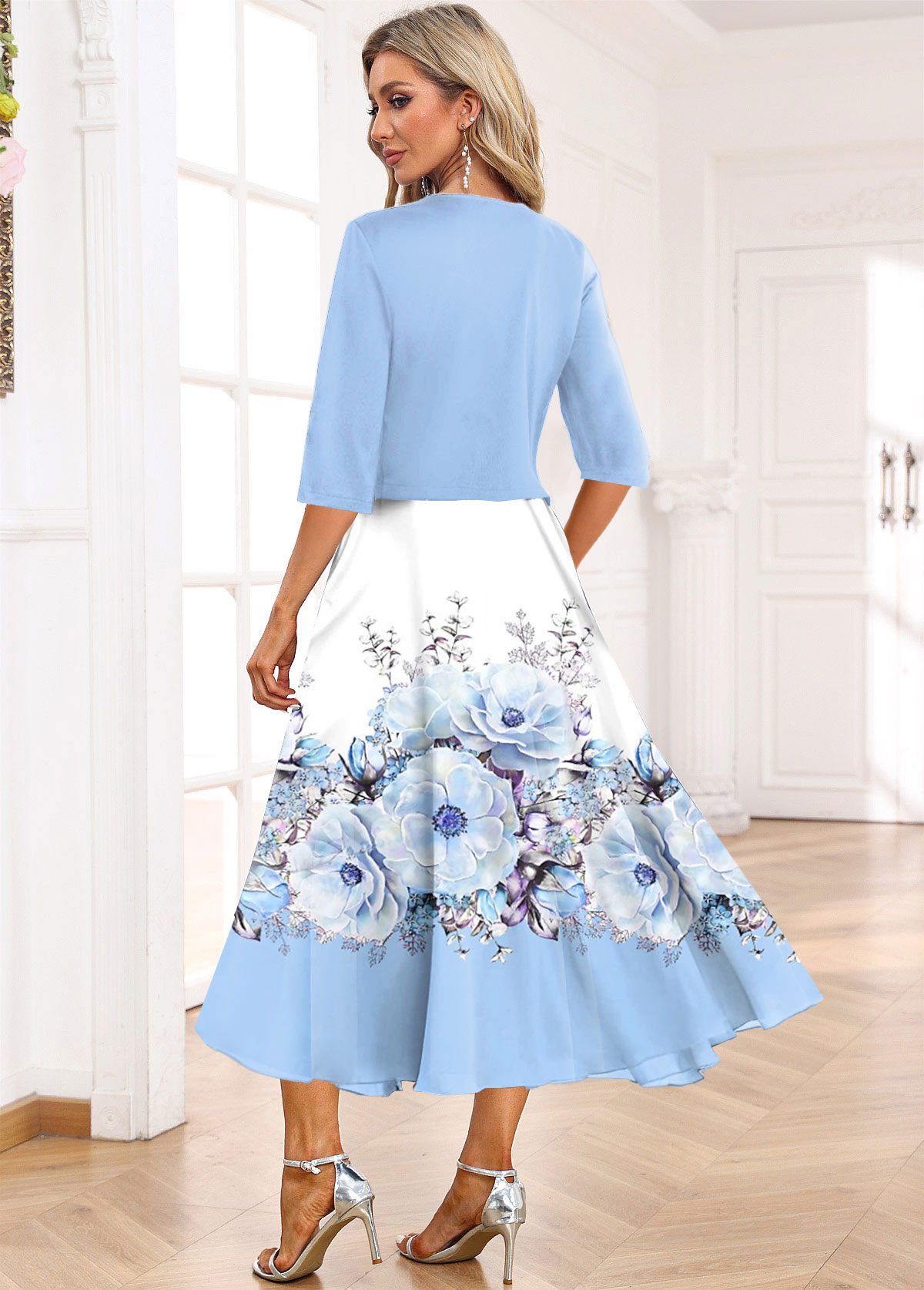 Floral Print Two Piece Light Blue Dress and Cardigan | Rosewe.com - USD ...