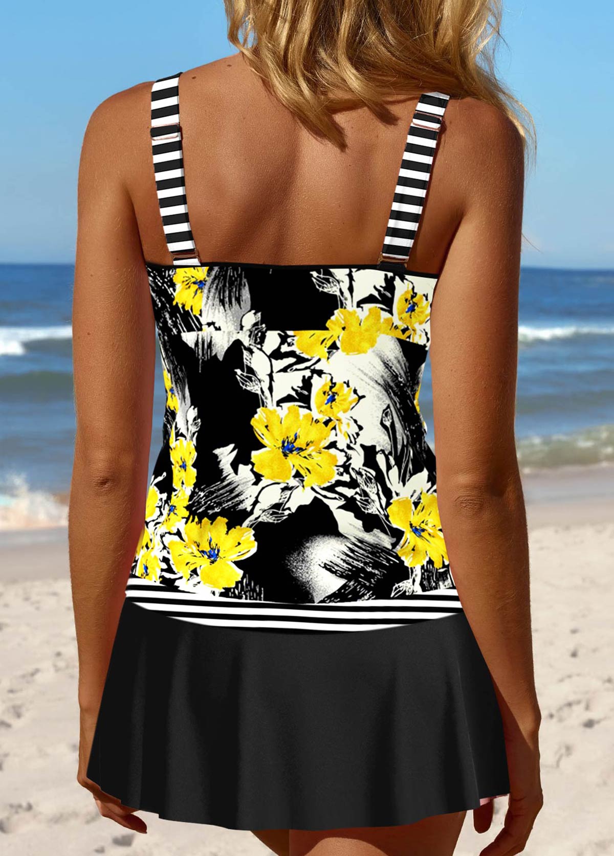 Floral Print Patchwork Yellow Tankini Set | Rosewe.com - USD $34.98