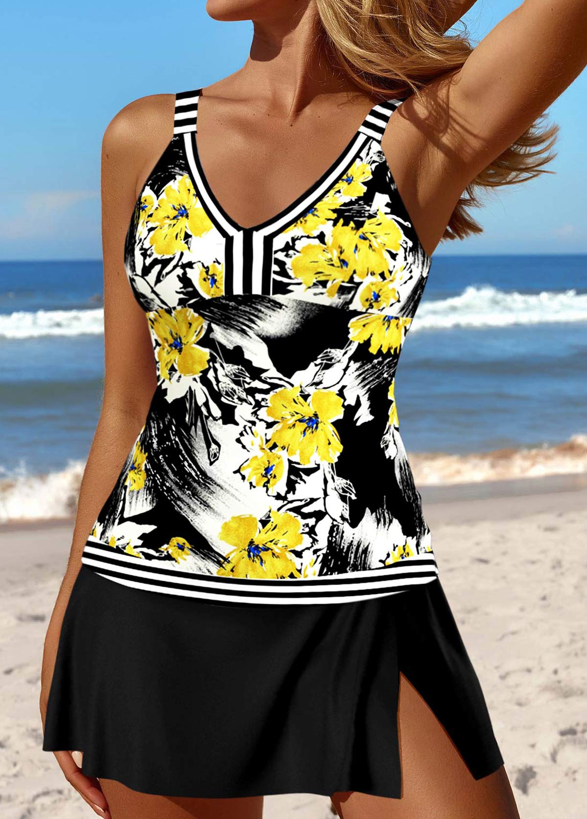 Floral Print Patchwork Yellow Tankini Set | Rosewe.com - USD $34.98