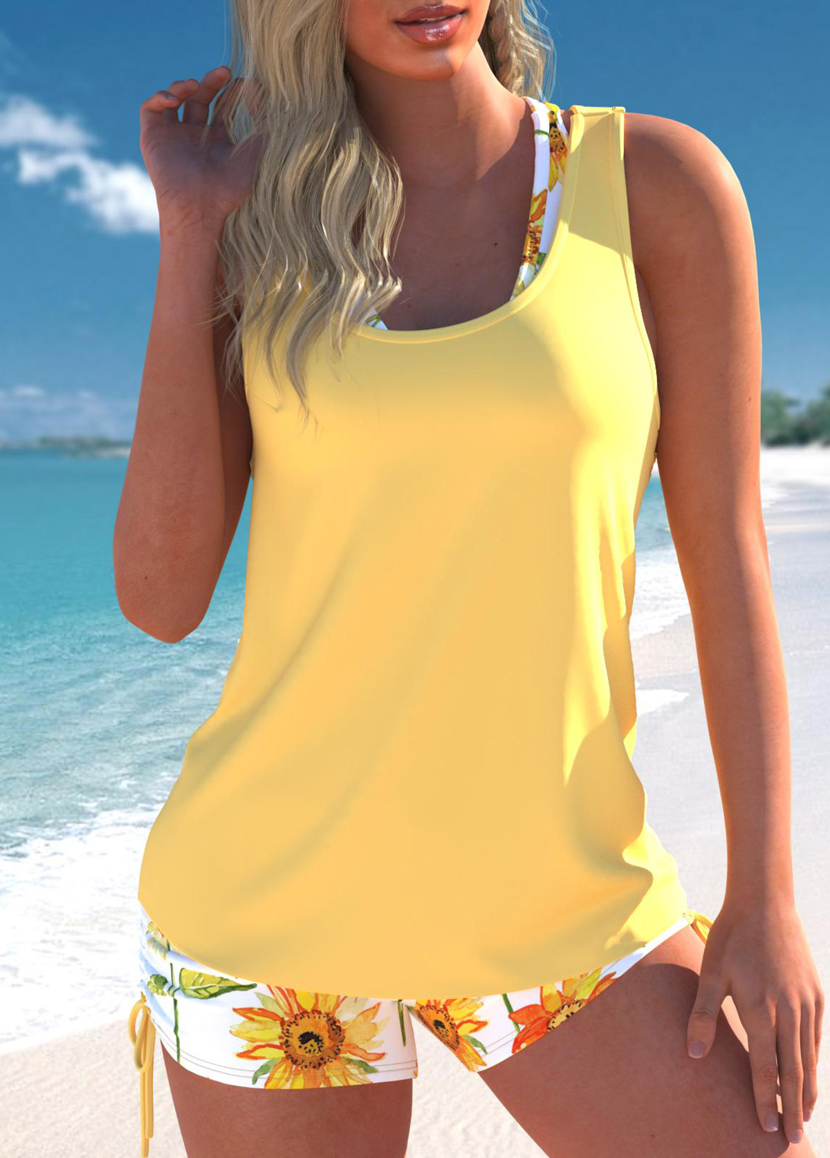 Floral Print Three-piece Light Yellow Tankini Set | Rosewe.com - USD $36.98