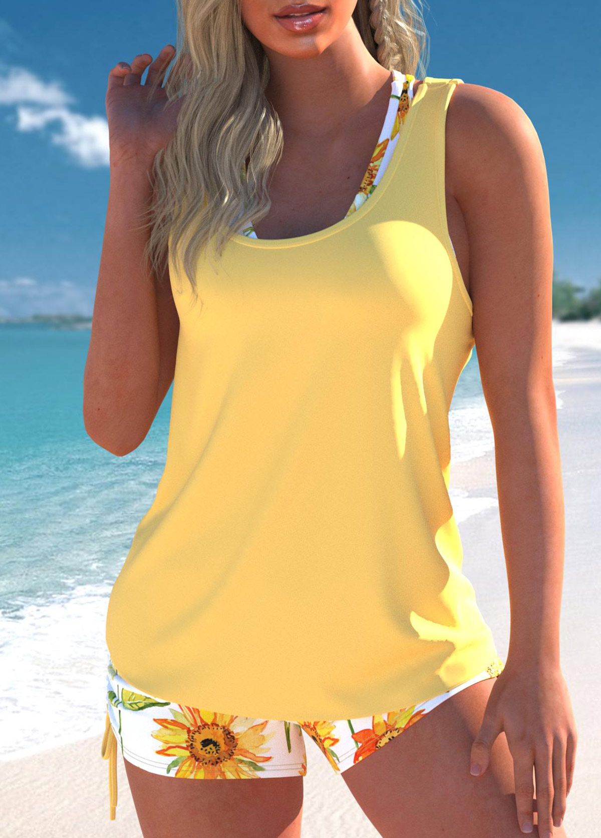 Floral Print Three-piece Light Yellow Tankini Set | Rosewe.com - USD $36.98