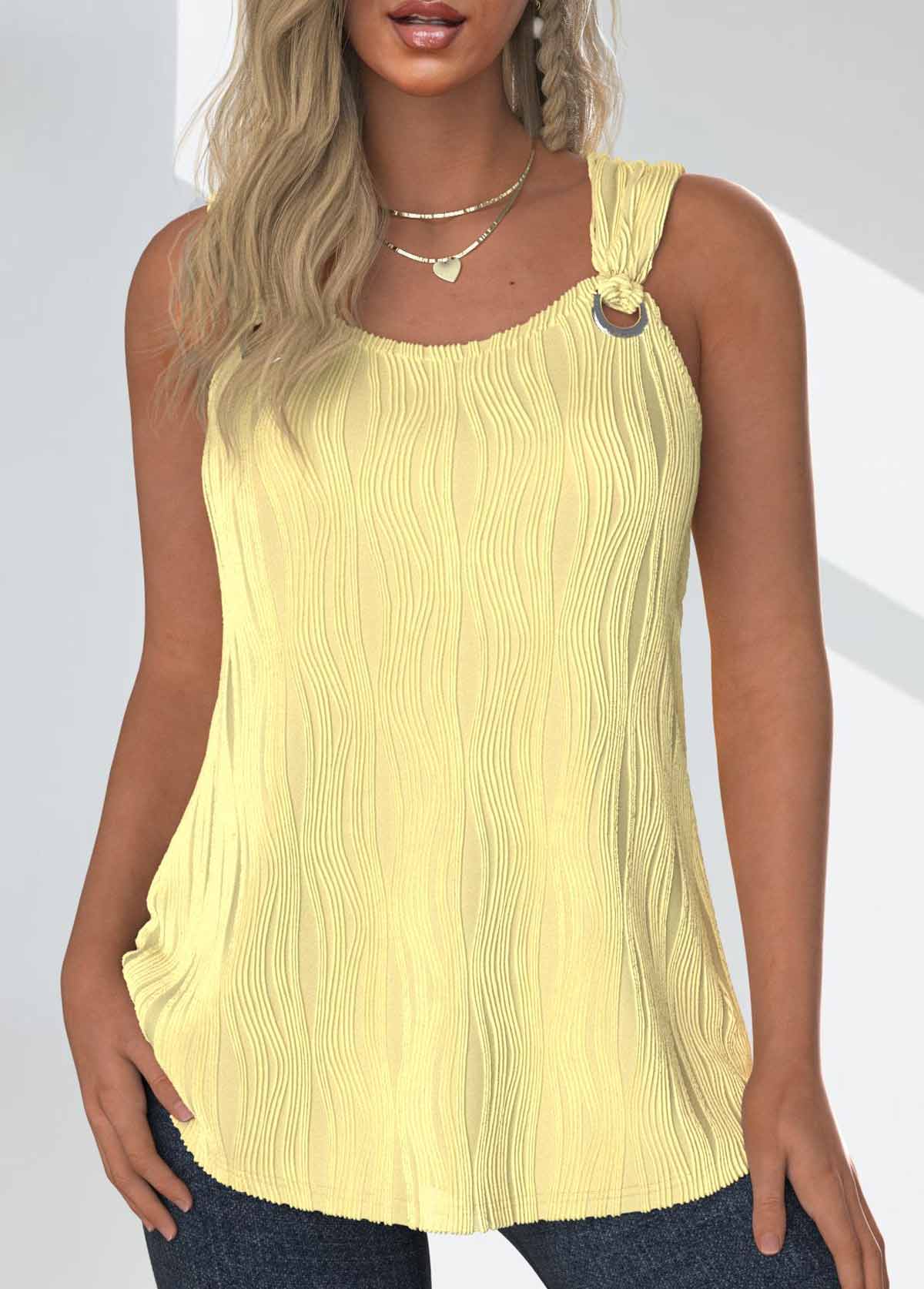 Light Yellow Scoop Neck Textured Fabric Tank Top | Rosewe.com - USD $21.58