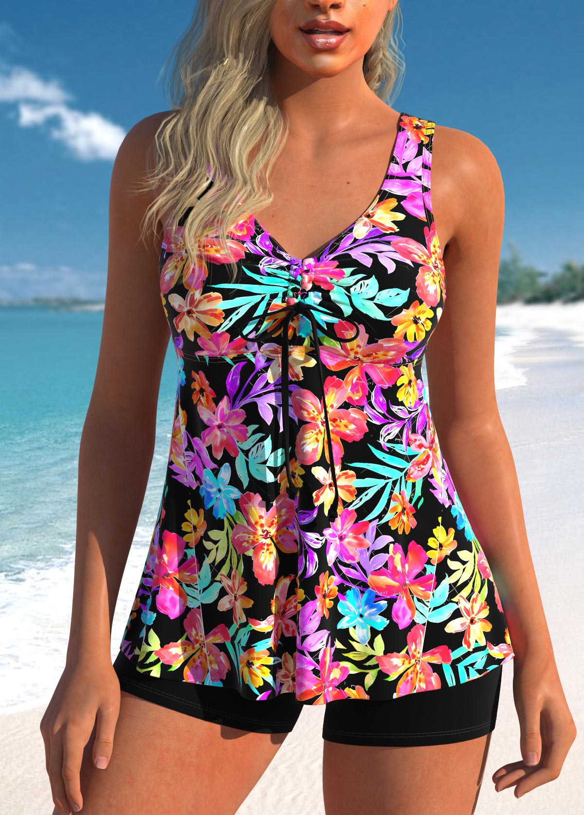 Floral Print Drawstring Multi Color Tankini Top | Rosewe.com - USD $33.98