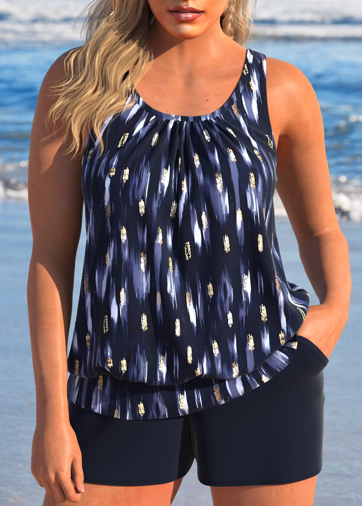Polka Dot Ruched Dark Blue Tankini Set | Rosewe.com - USD $36.98