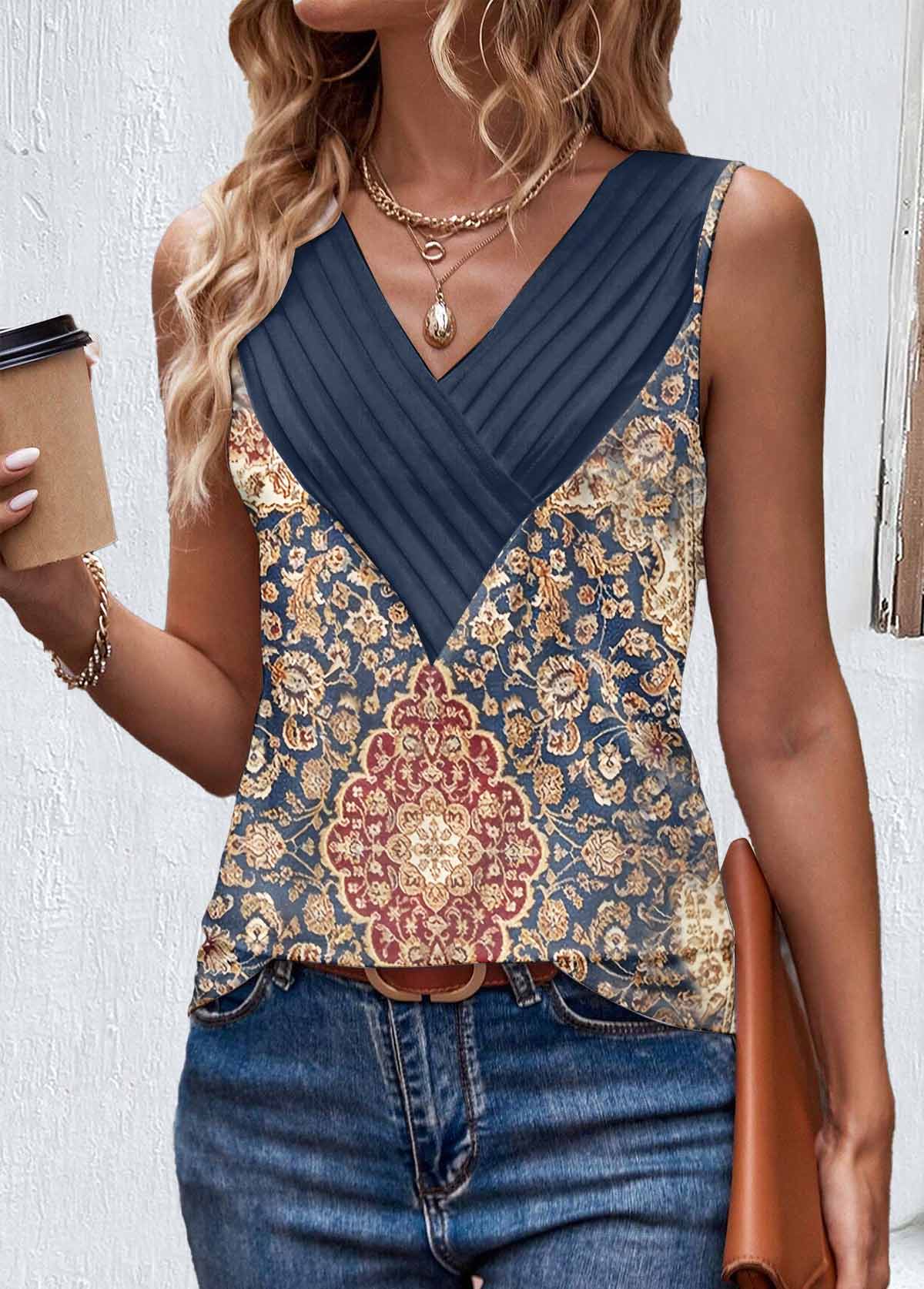 Tribal Print Patchwork Blue Sleeveless V Neck Tank Top | Rosewe.com ...
