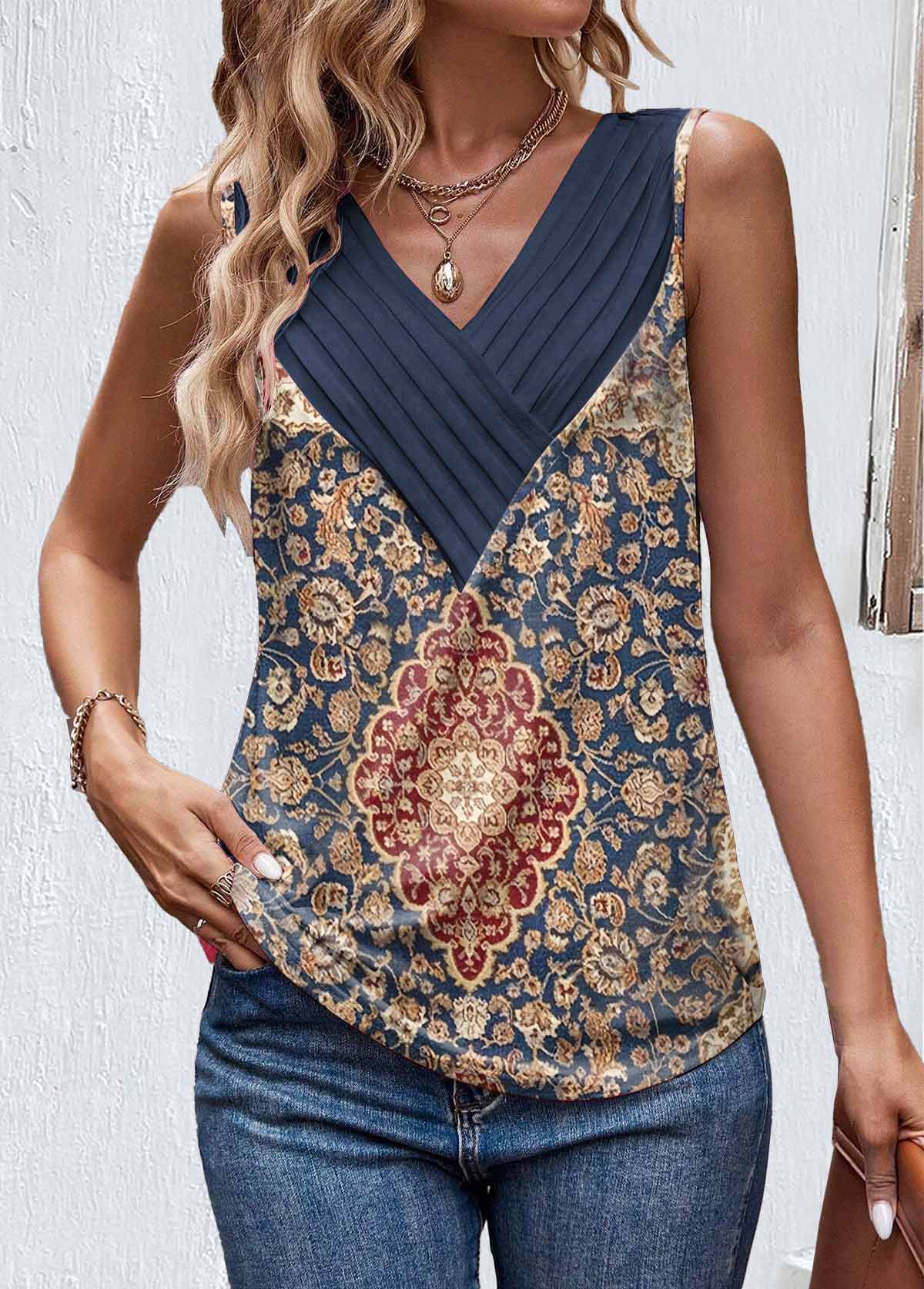 Tribal Print Patchwork Blue Sleeveless V Neck Tank Top | Rosewe.com ...