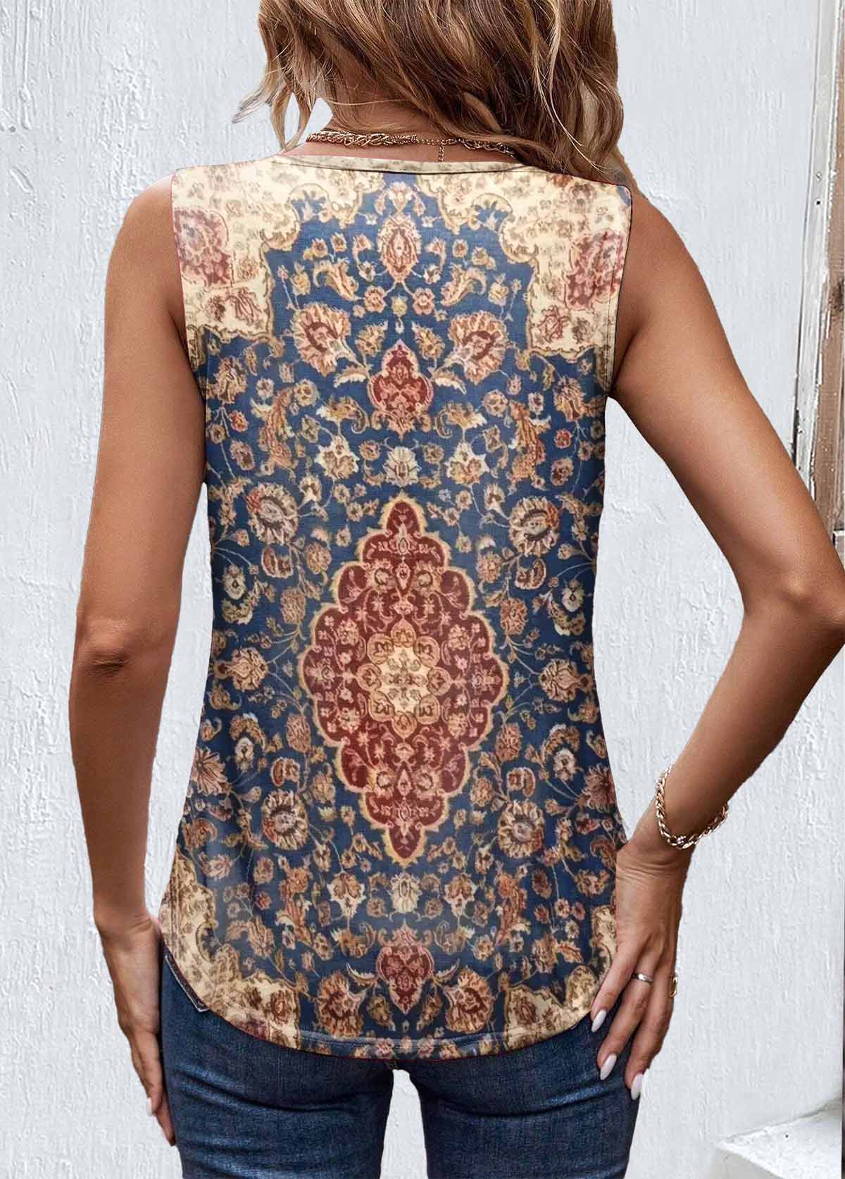 Tribal Print Patchwork Blue Sleeveless V Neck Tank Top | Rosewe.com ...