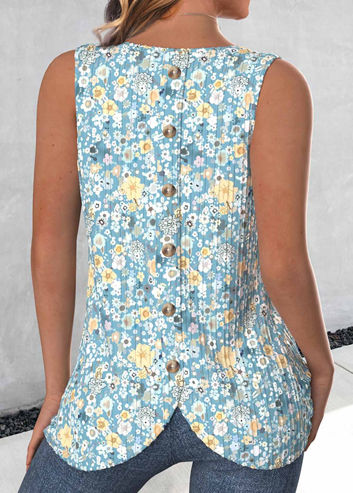 Ditsy Floral Print Button Mint Green Sleeveless Tank Top | Rosewe.com ...