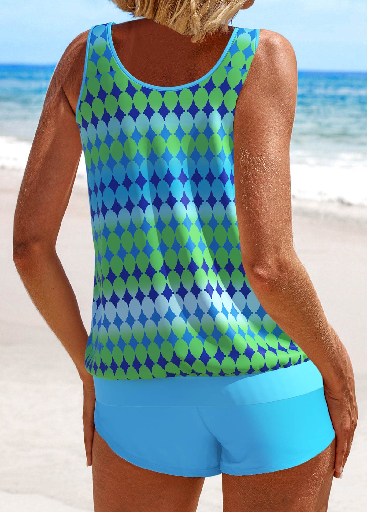 Geometric Print Patchwork Neon Blue Tankini Set | Rosewe.com - USD $34.98