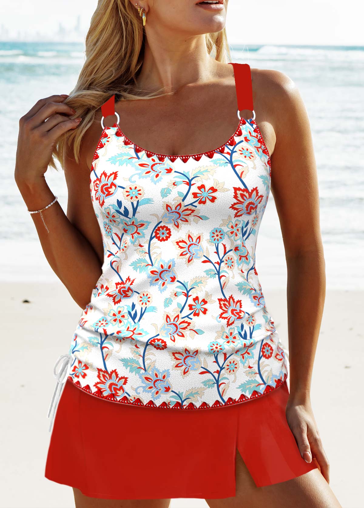 Floral Print Circular Ring Red Tankini Set | Rosewe.com - USD $43.98