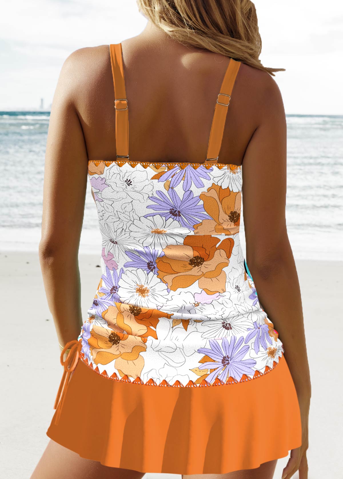 Floral Print Drawstring Neon Orange Tankini Set | Rosewe.com - USD $38.98