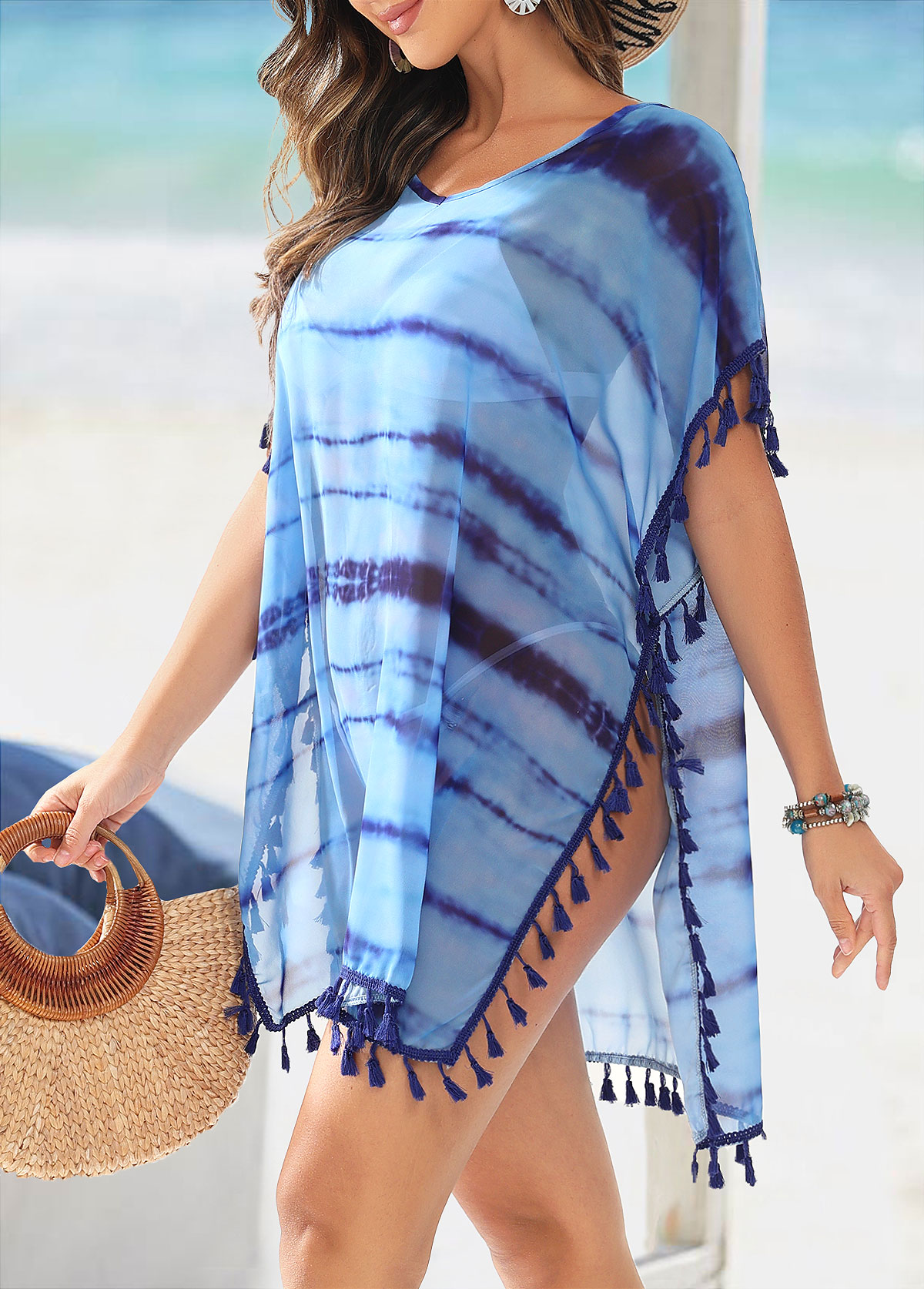 Tie Dye Print Tassel Dusty Blue Cover Up | Rosewe.com - USD $24.98