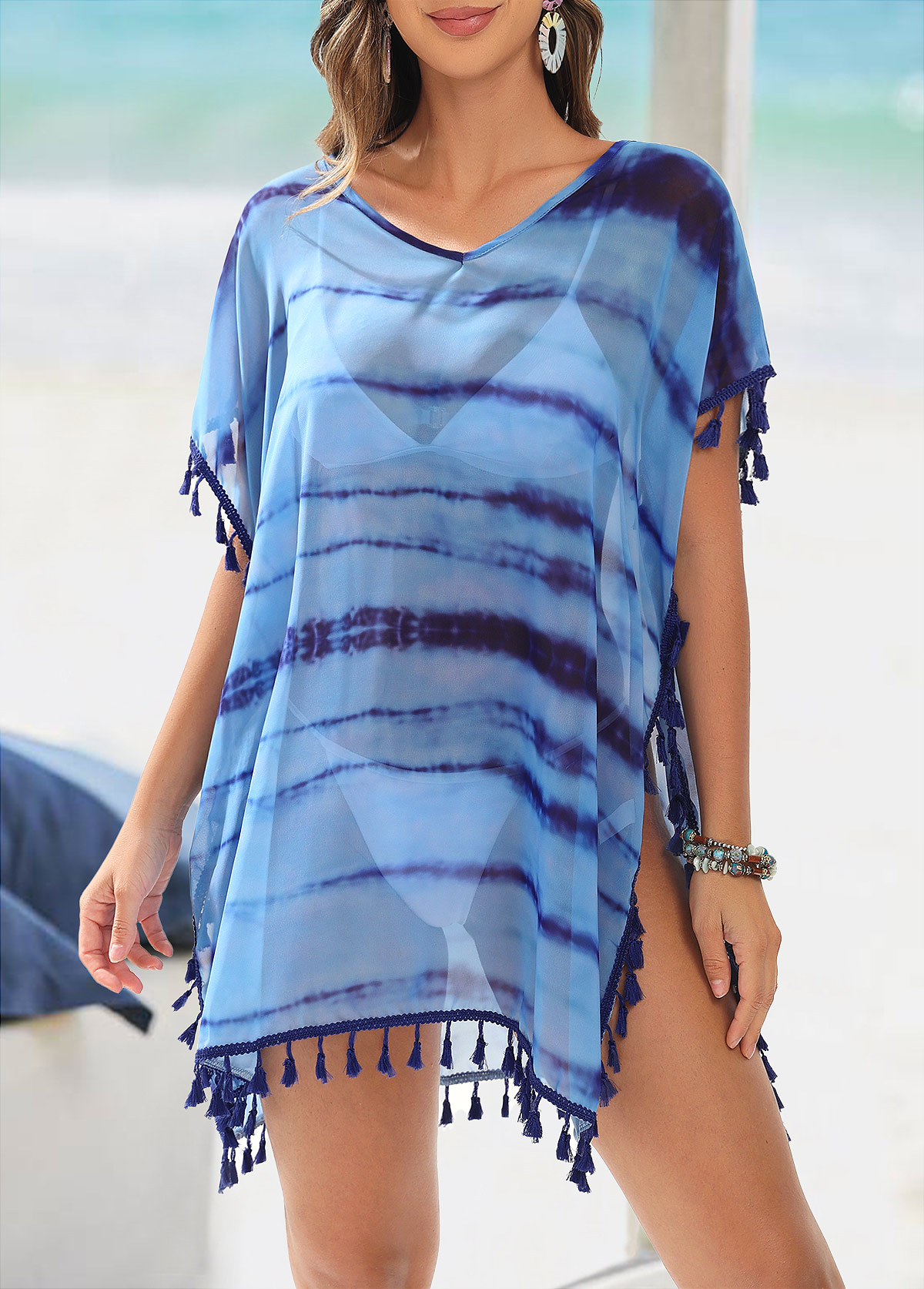 Tie Dye Print Tassel Dusty Blue Cover Up | Rosewe.com - USD $24.98