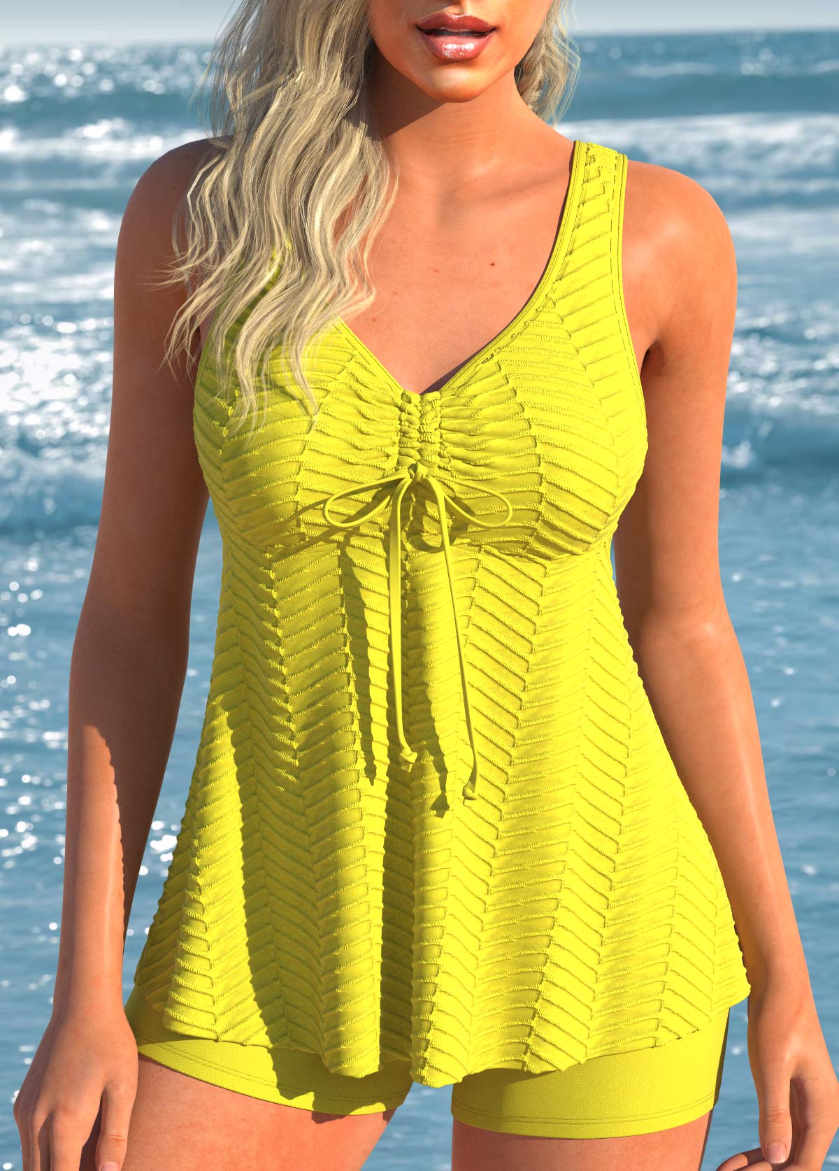 Drawstring Jacquard Mustard Yellow Tankini Set | Rosewe.com - USD $37.98