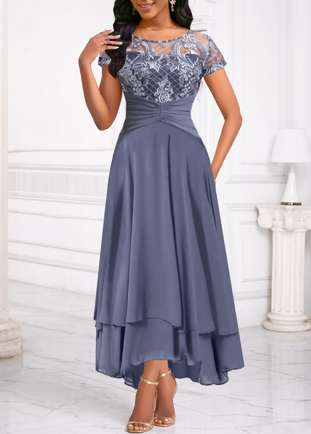 Lace Dusty Blue Short Sleeve Round Neck Maxi Dress | Rosewe.com - USD ...