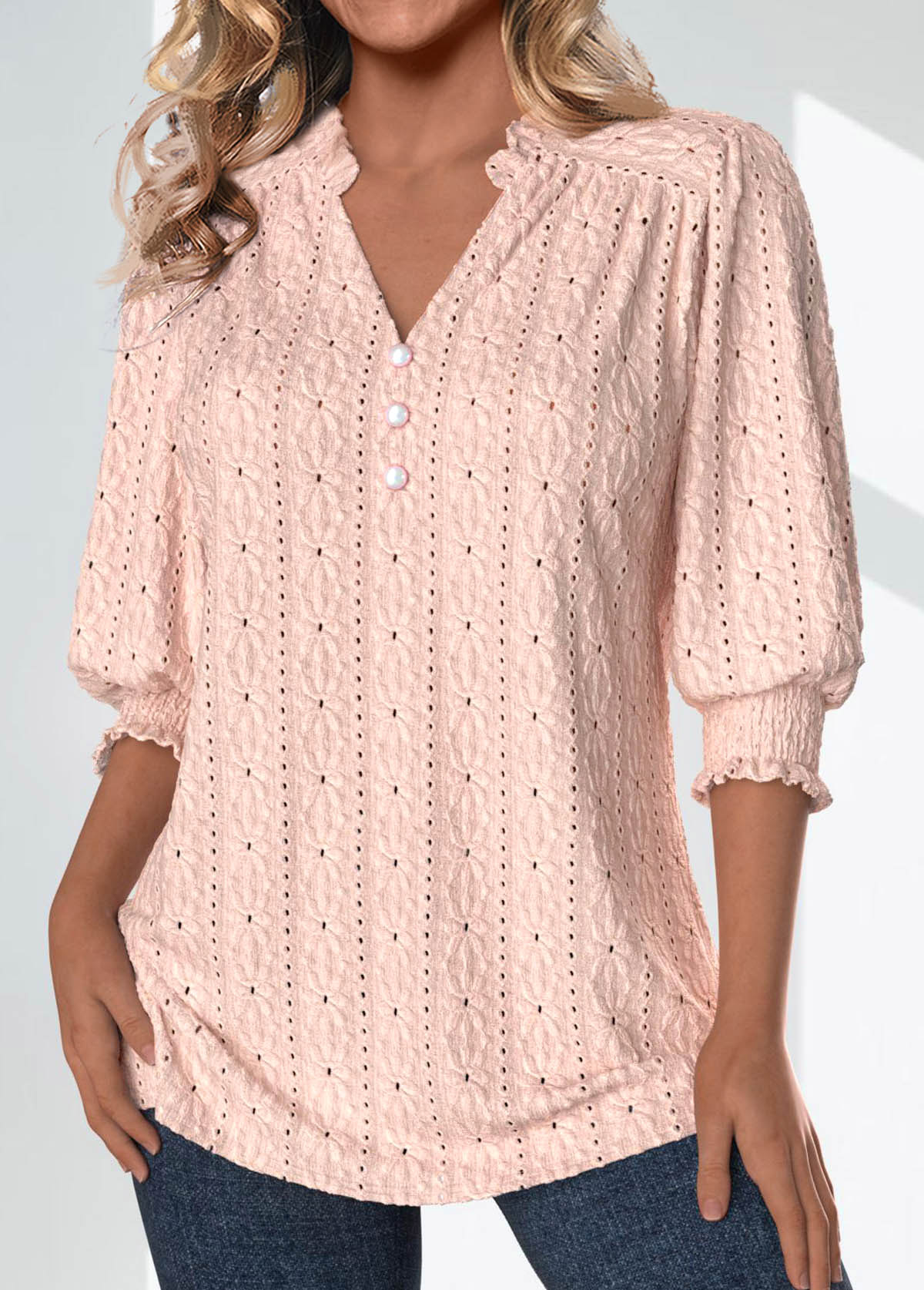 Light Pink Plus Size Textured Fabric 3/4 Sleeve Blouse | Rosewe.com ...