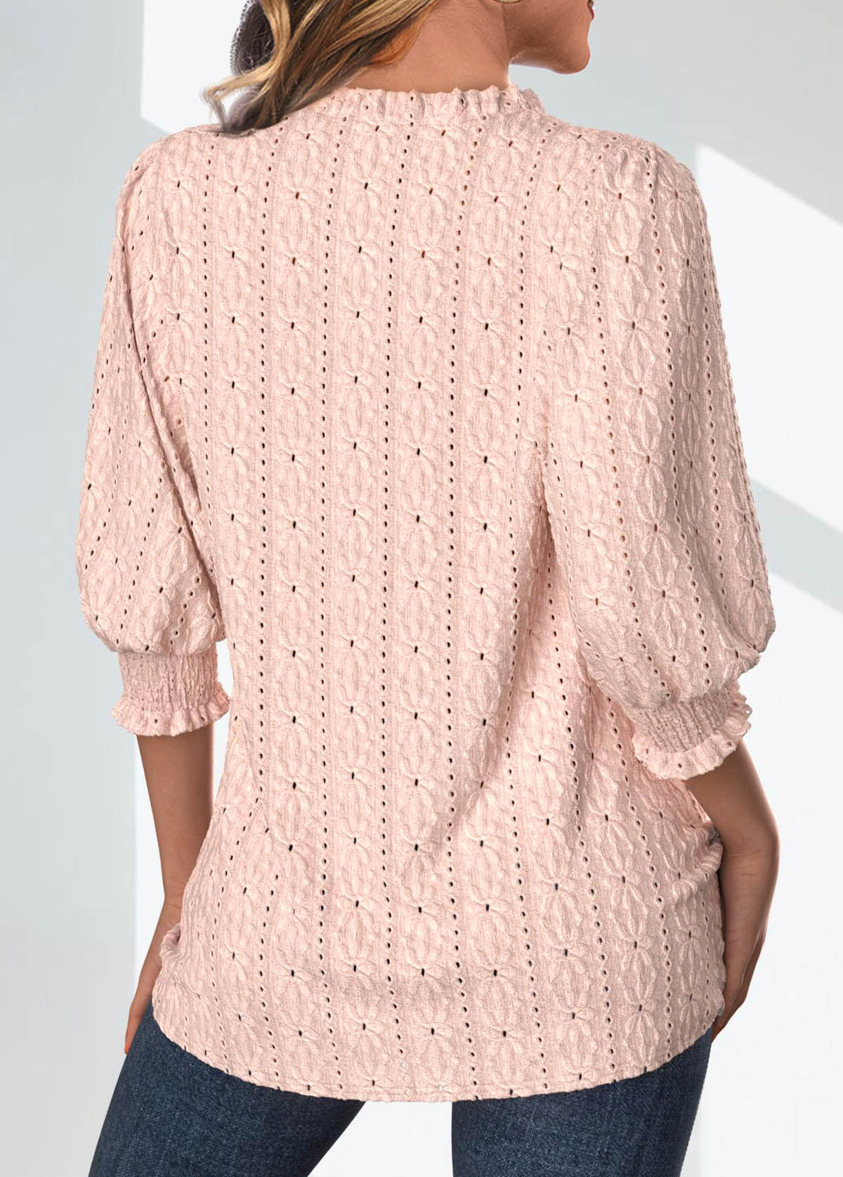 Light Pink Plus Size Textured Fabric 3/4 Sleeve Blouse | Rosewe.com ...